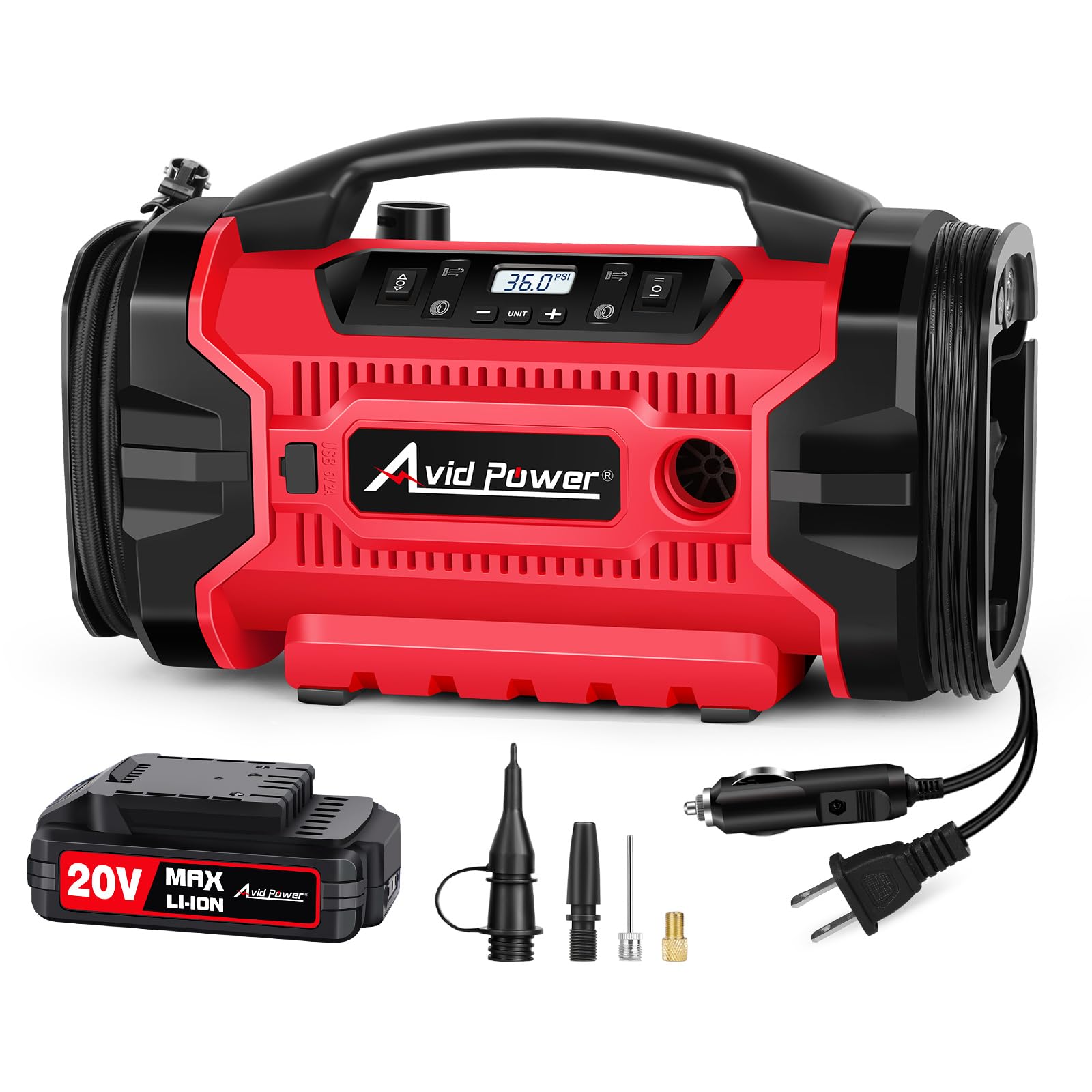 Avid Power Tire Inflator Portable Air compressor, 3 Power Source (110V ...