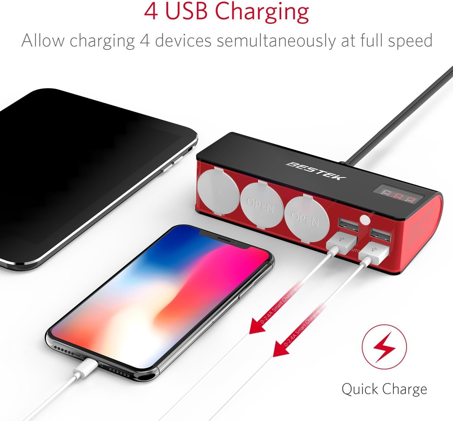 BESTEK 3-Socket 200W 12V/24V DC Cigarette Lighter Power Adapter with 6A ...