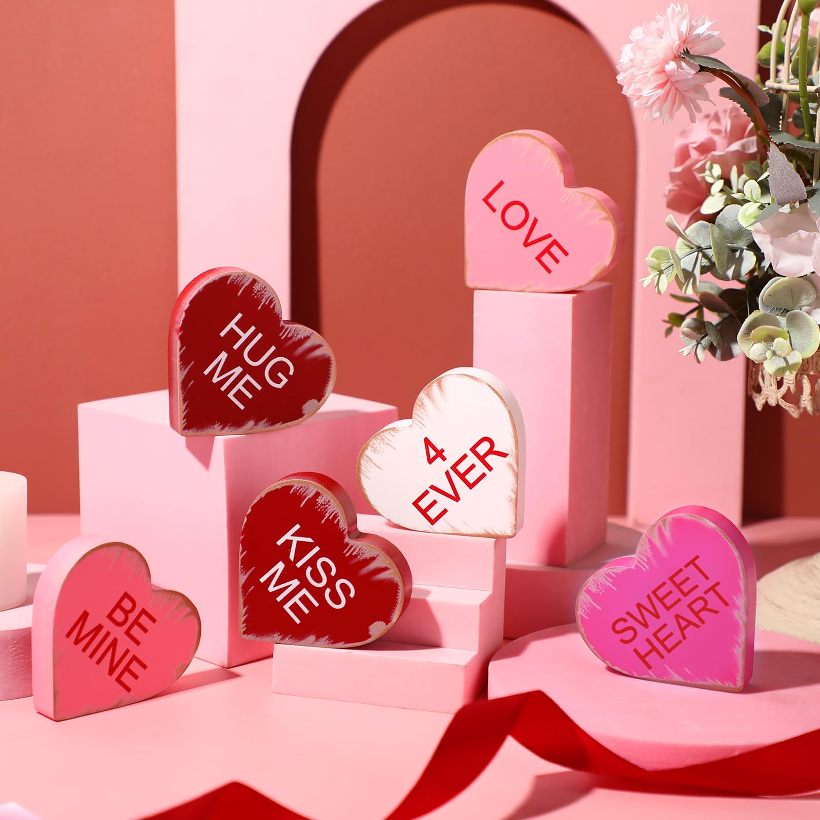 6 Pieces Valentine's Day Wooden Signs Colorful Heart Shaped Wood ...