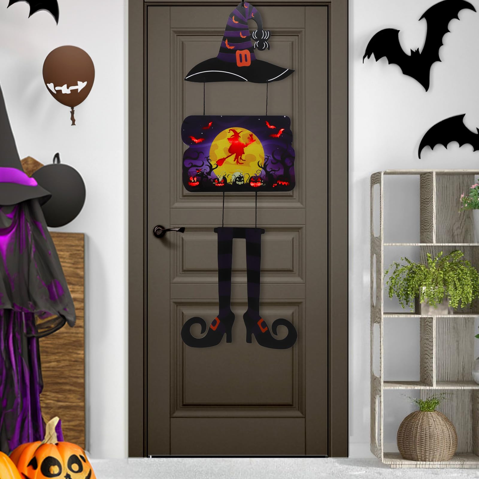 Halloween Witch Door Sign, Wooden Witch Hanging Sign with lights and ...