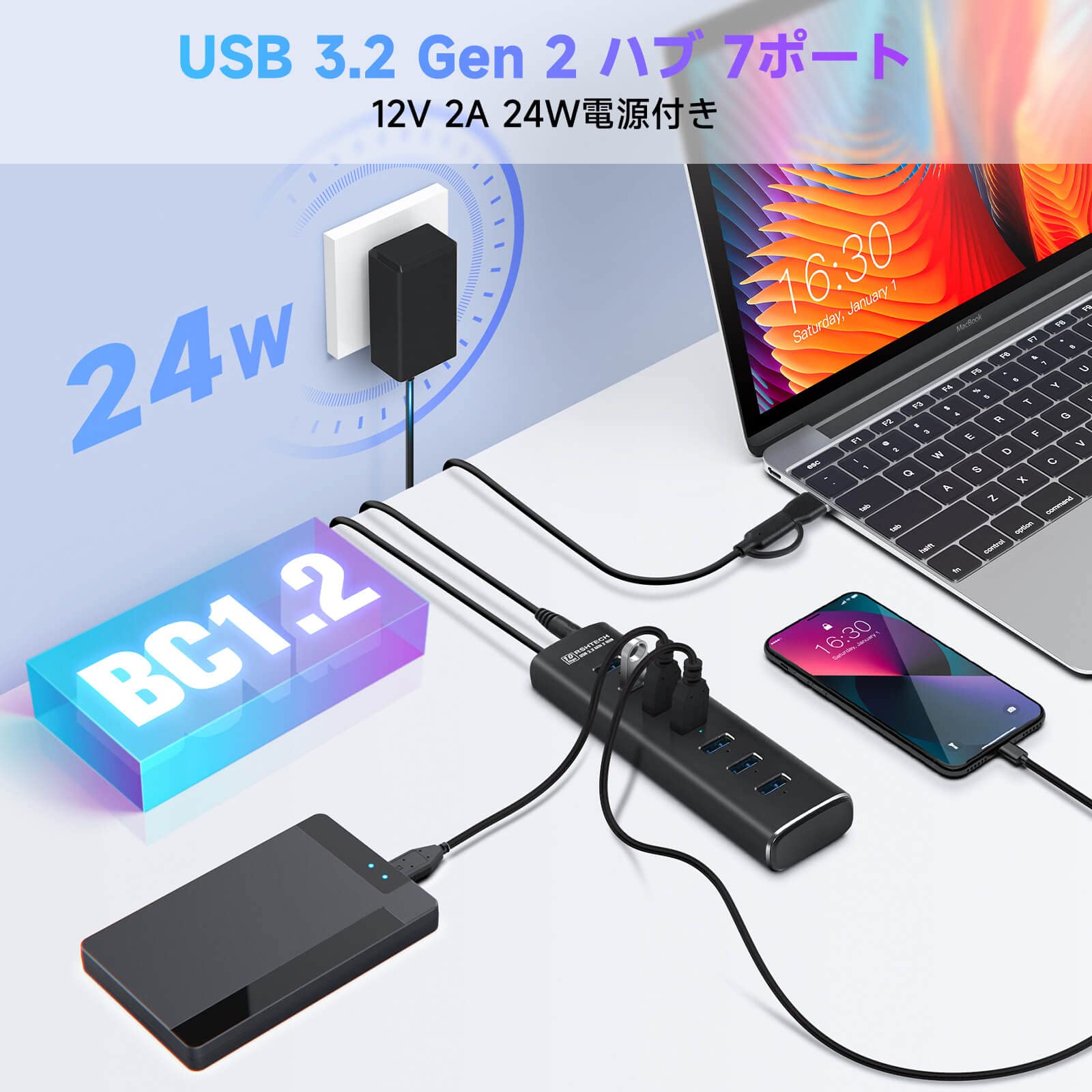 Mua RSHTECH USB HUB 3.2 Gen2 10Gbps 7 Port with 2 in 1 Cable Aluminum ...