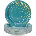 Amazon.com: CENLBJ Blue Green Gold Paper Plates,100 Pack Gold Dots ...