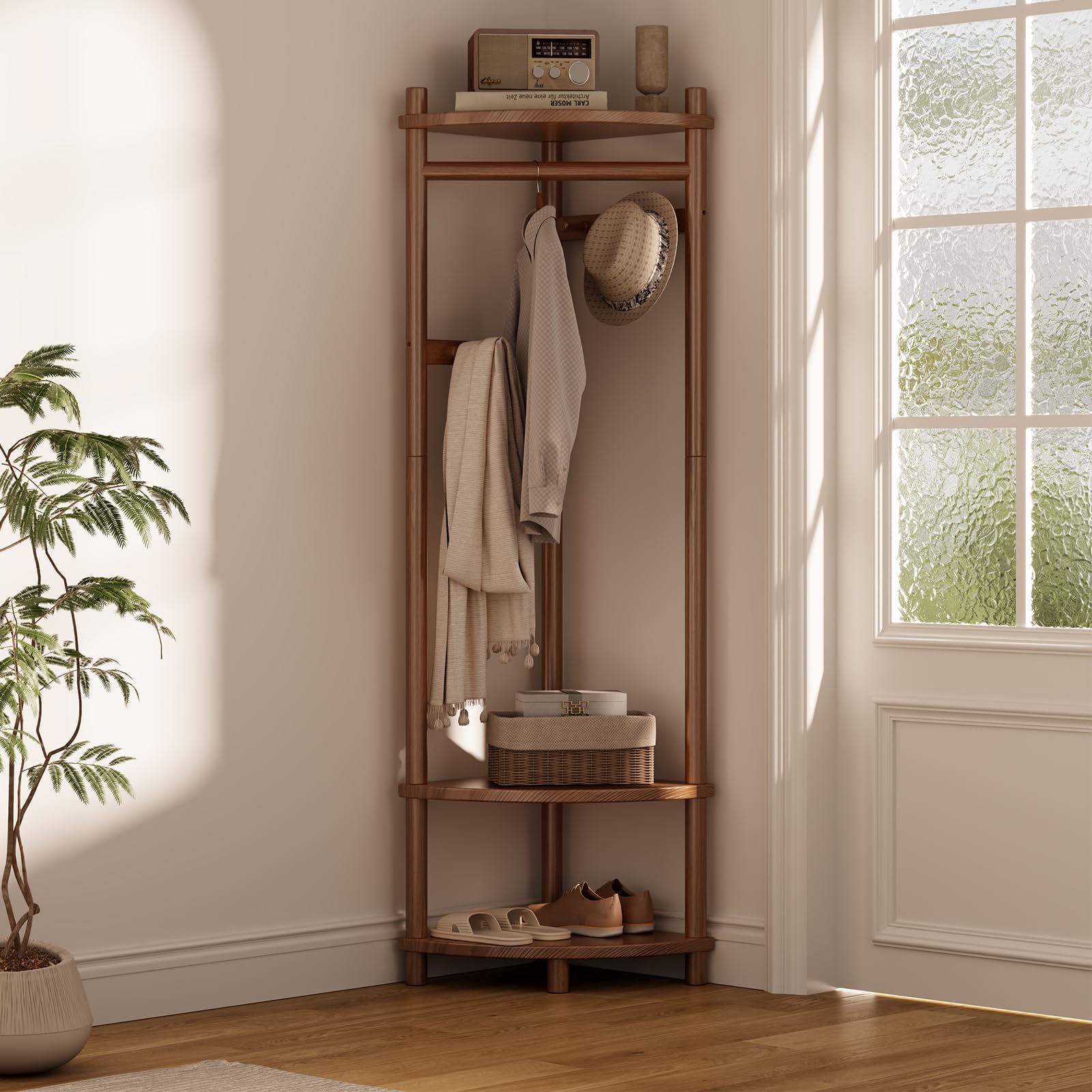 KASLANDI Solid Wood Corner Hall Tree with Hanging Clothes Rod, 4 Hooks ...