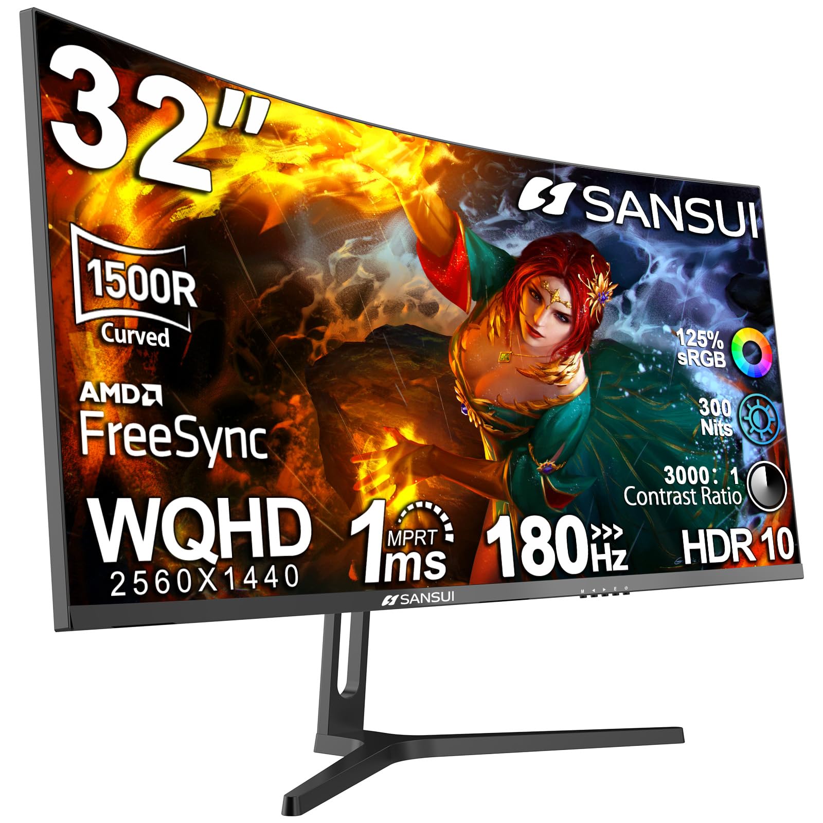 SANSUI 32-Inch Curved Gaming Monitor WQHD 2560 x 1440 180Hz Curved ...