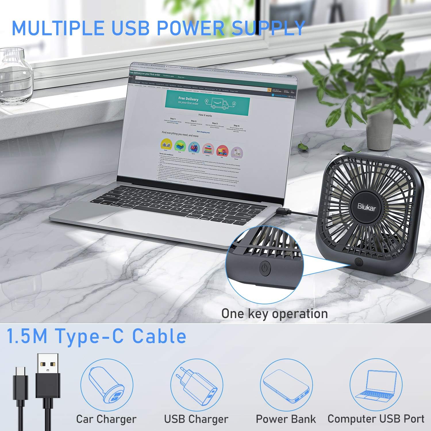 Blukar USB Fan, Desk Fan Table Fan – 9 Fan Blade, Adjustable 3 Speeds ...
