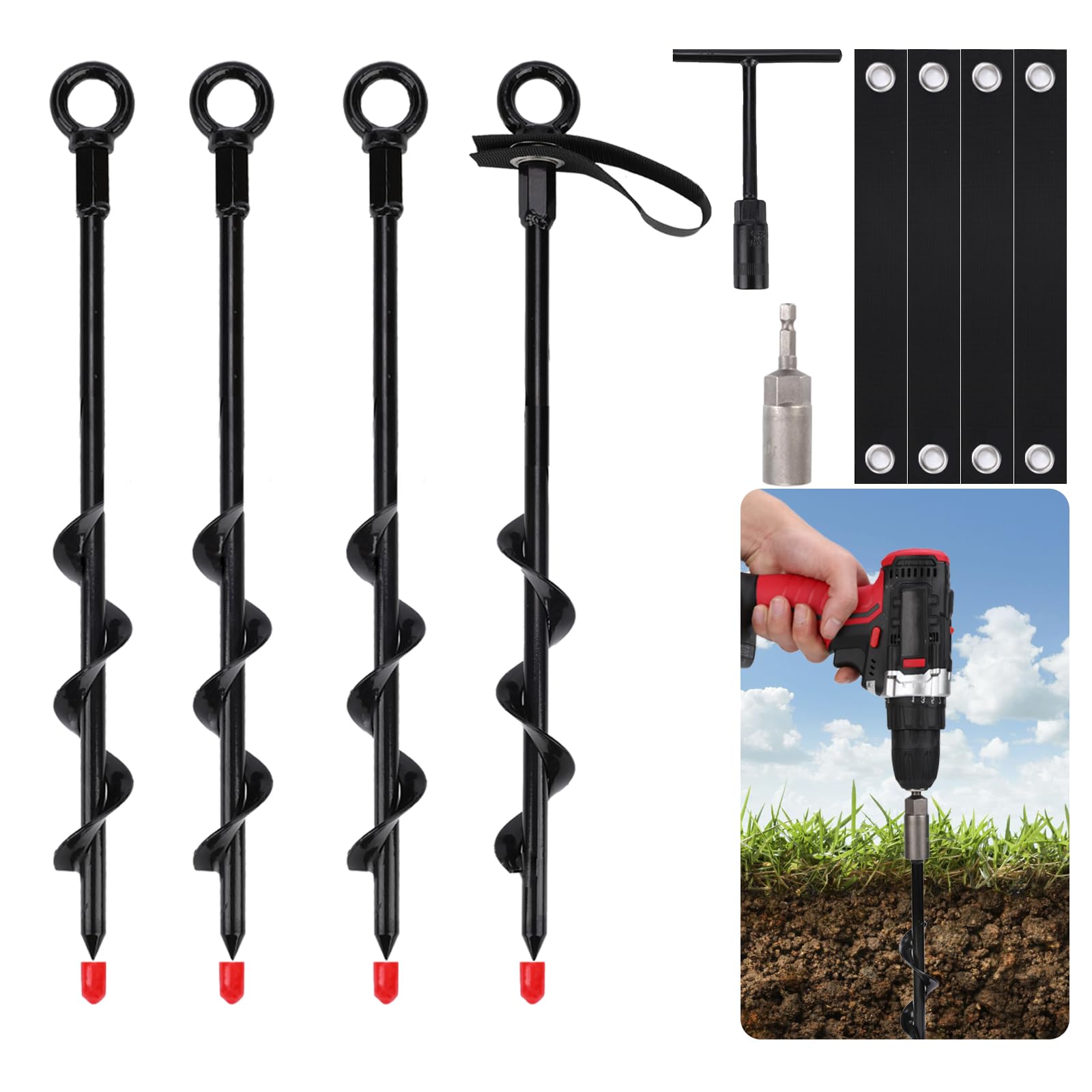 Demreal Ground Anchors Screw in?4 Pack Trampoline Anchors High Wind ...