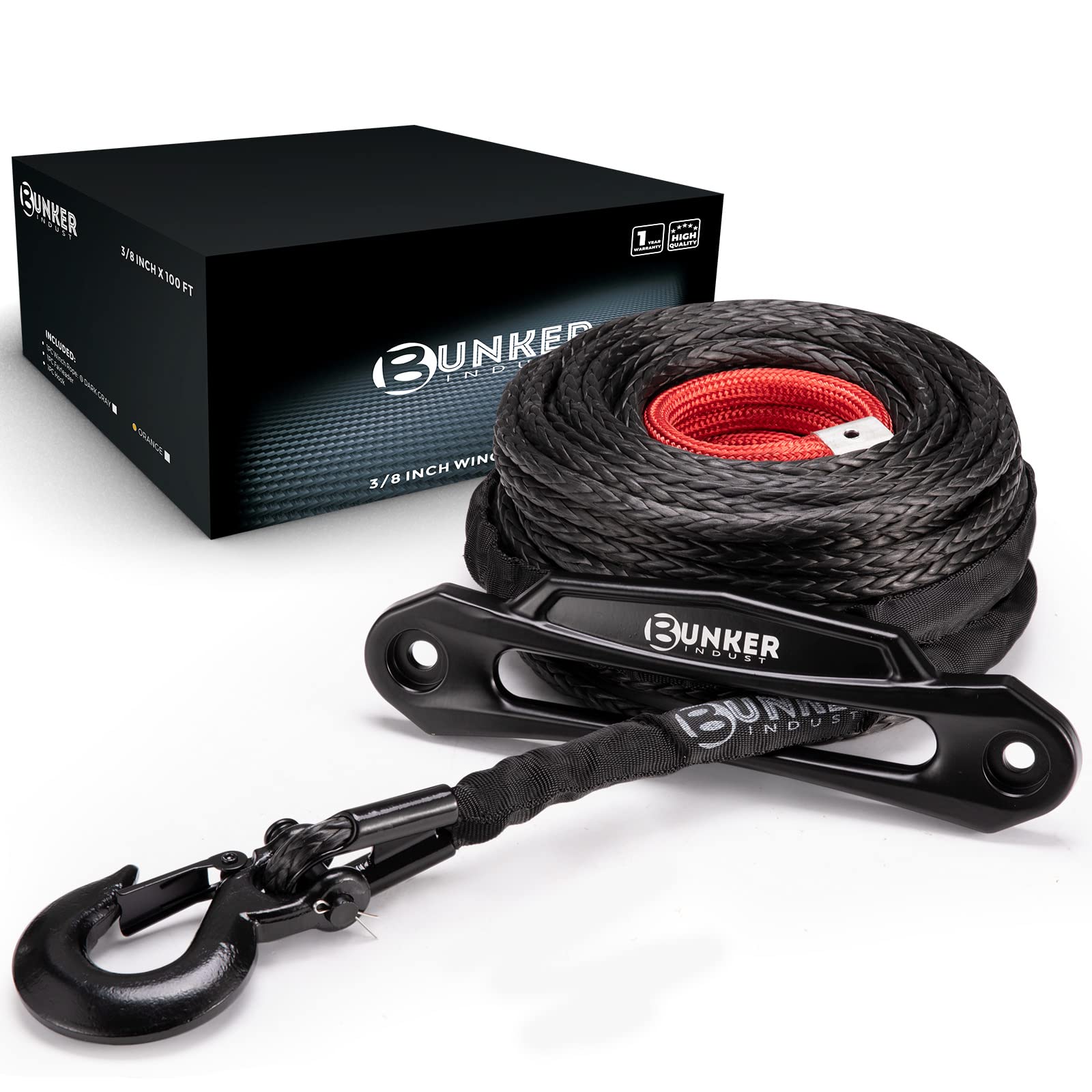 BUNKER INDUST Synthetic Winch Rope Kit,3/8" x 100' 23809LBS Winch Line ...