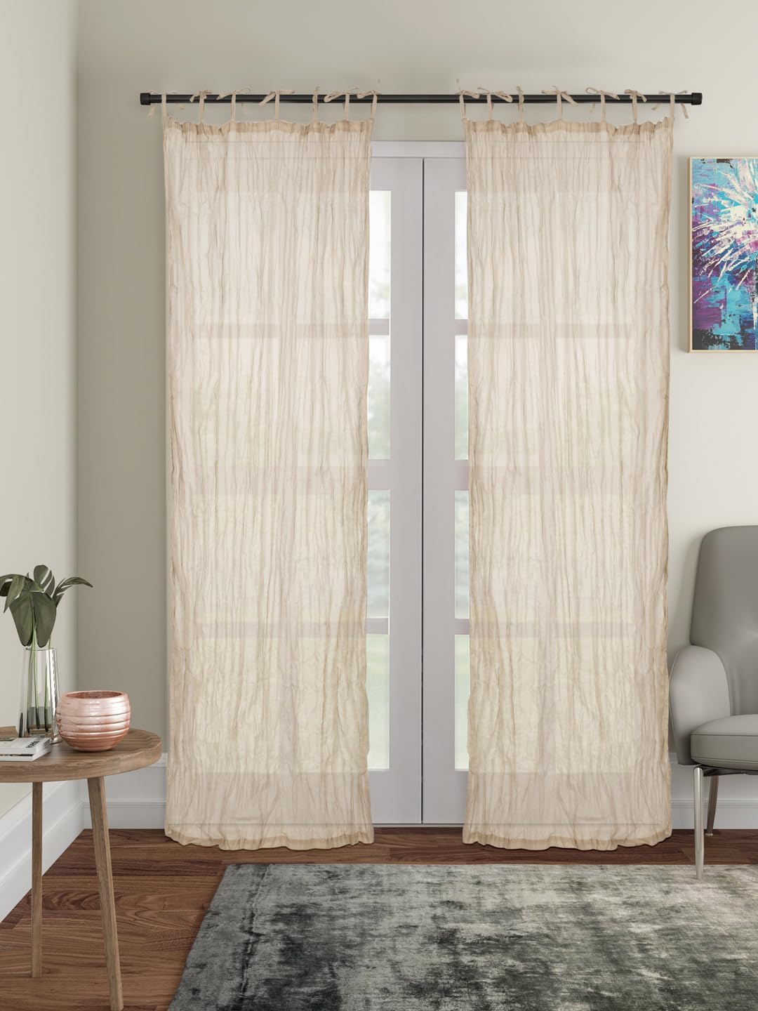 TARAN LIVING Sheer Crinkle Curtain Panel Set of 2, 100% Washable Cotton ...