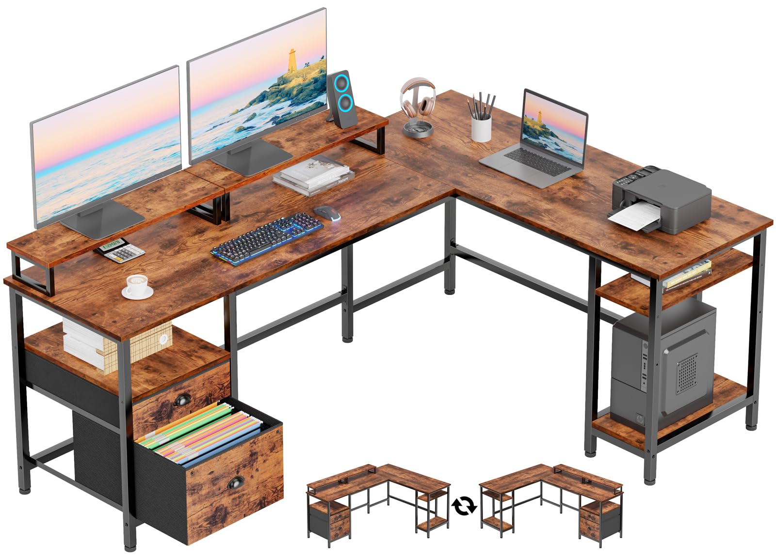 Mua Furologee 66" L Shaped Computer Desk with Shelves, Reversible ...