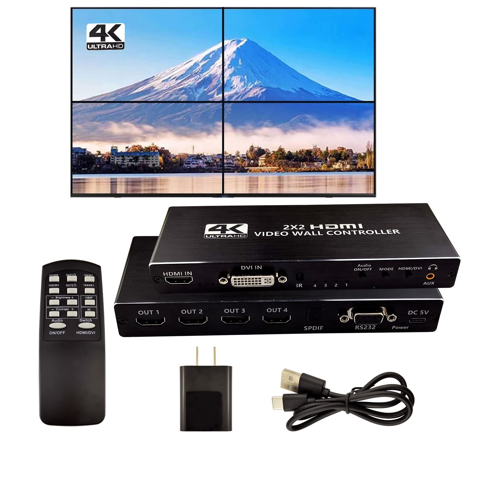 Video Wall Controller, 4K x 2K HD Seamless Splicing Professional Processor with HDMI+DVI+RS232 ...