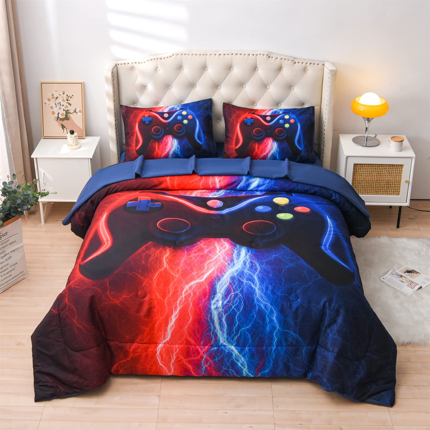 Meeting Story Gamer Gaming Bedding Sets Red-Blue Lightnings Gamepad Comforter Set for Boys Games ...