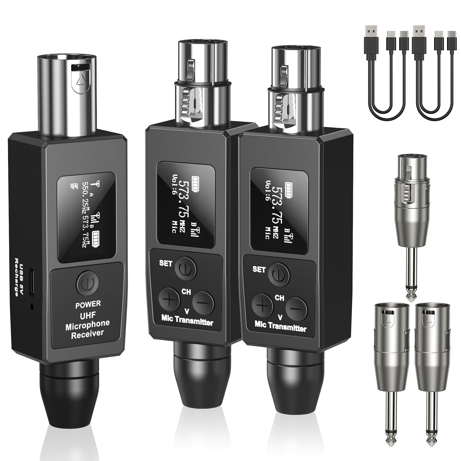 Wireless XLR Transmitter and Receiver Rechargeable Mic Adapter UHF 98ft ...