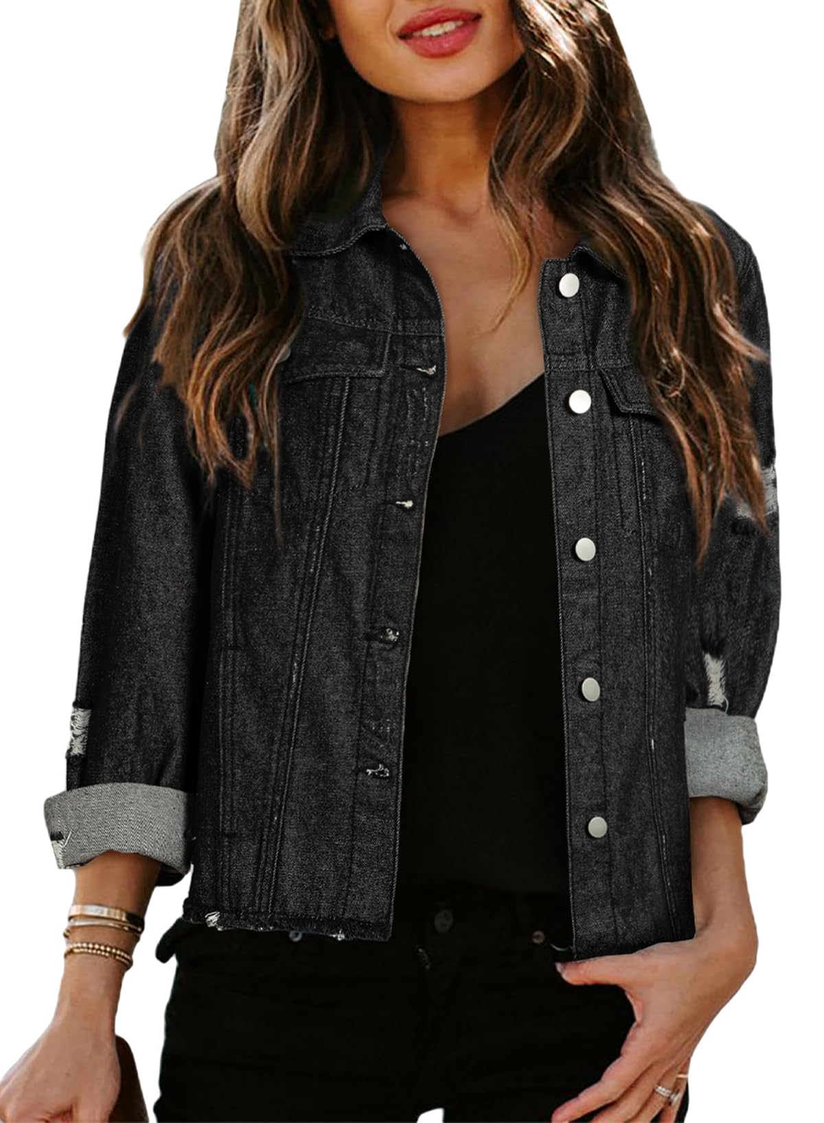 Sidefeel Women's Denim Jacket 2025 Spring Outfits Oversized Distressed ...