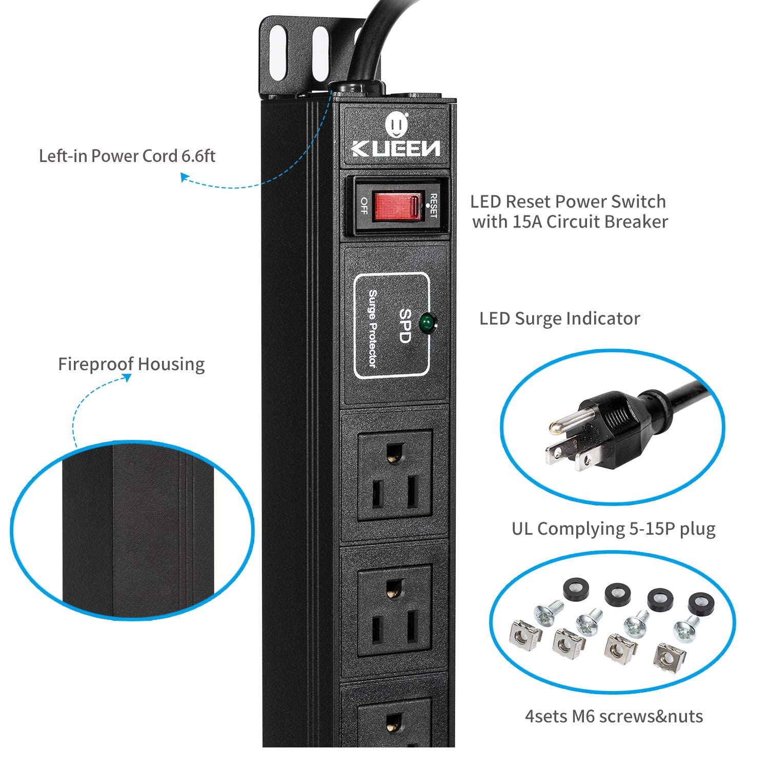KUEEN 19" 1U Rack Mount PDU Power Strips,Server Rack Power Distribution Unit, 8 Power Outlets ...
