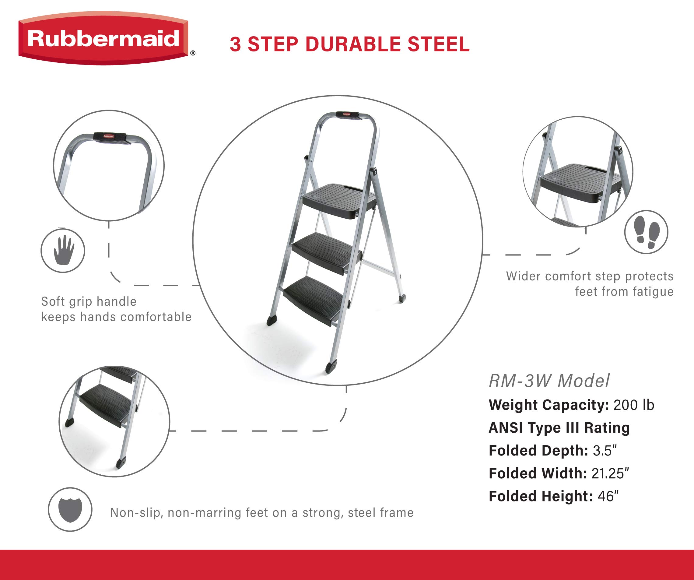 Rubbermaid RM-3W 3-Step Steel Step Ladder with Hand Grip, 200 lb ...
