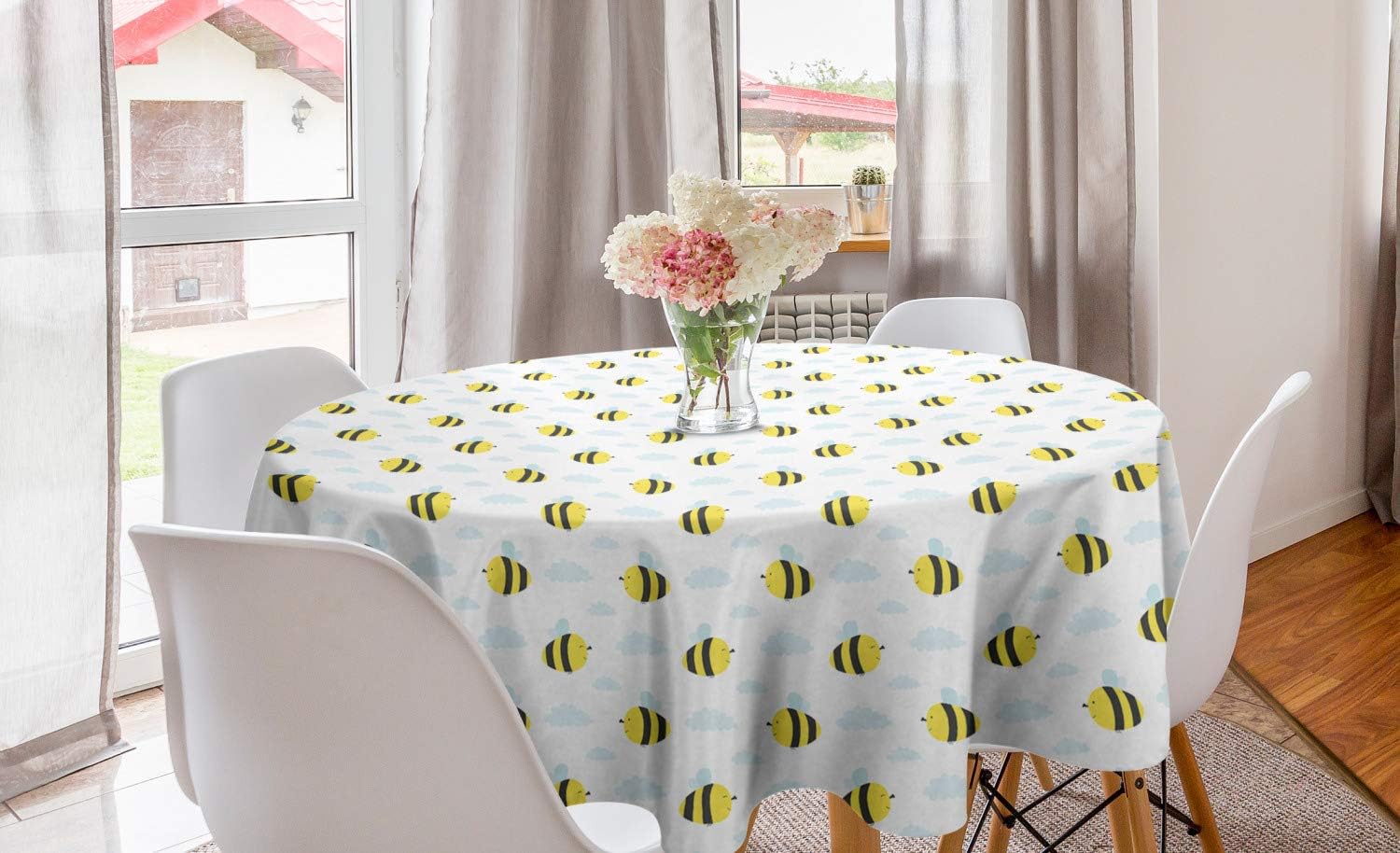 Amazon.com: Ambesonne Honey Bee Round Tablecloth, Repeating of Clouds ...