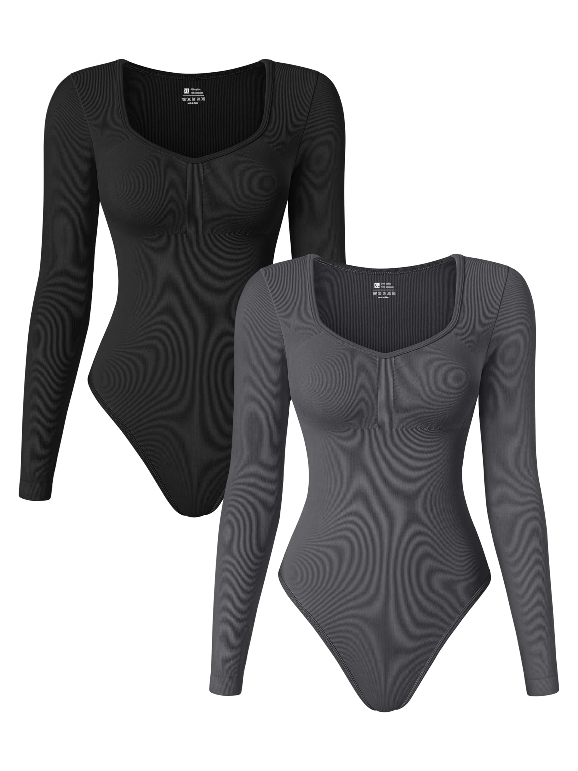 TOB Women's 2 Piece Bodysuits Sexy Seamless Ribbed Long Sleeve Tummy ...