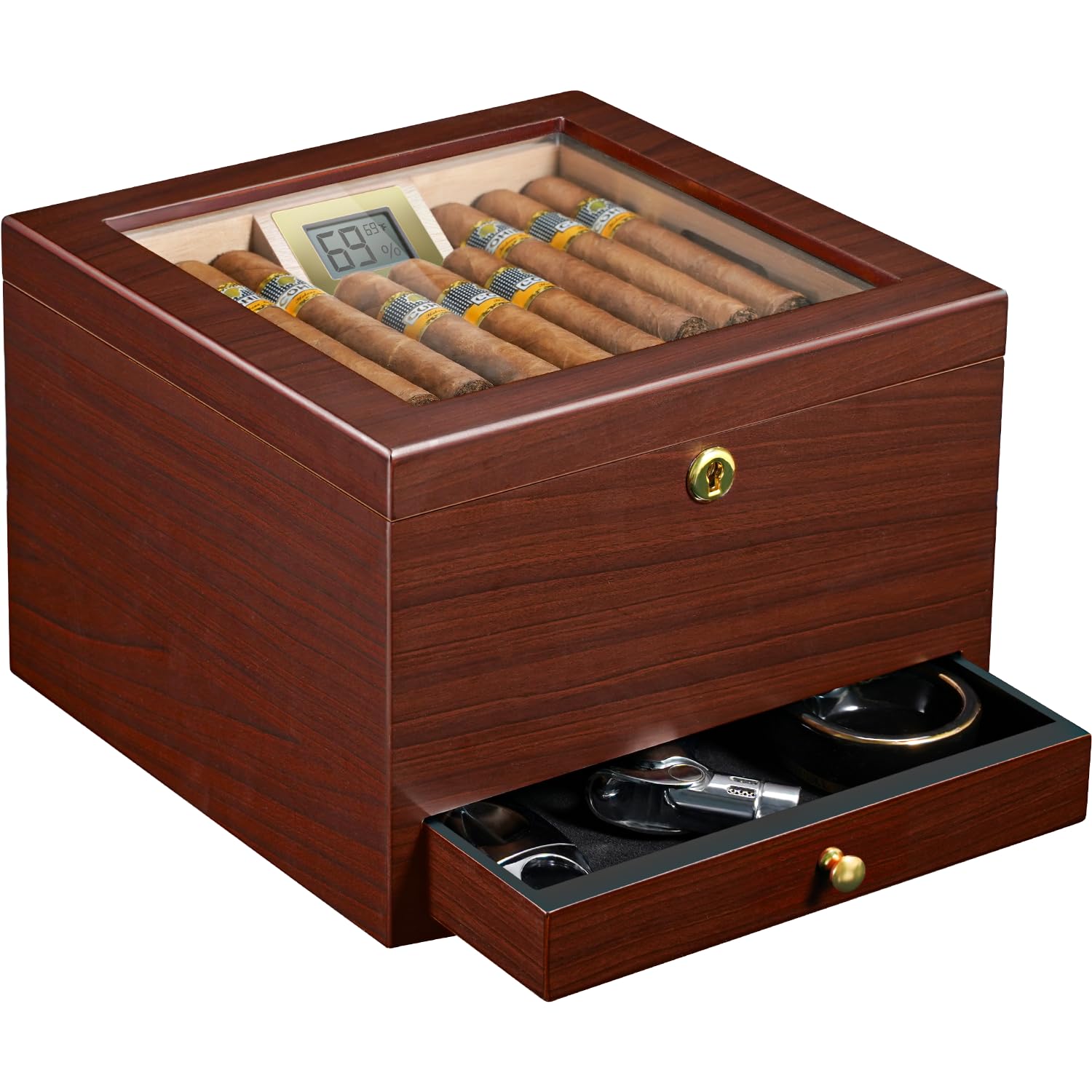 Flauno Cigar Humidor with Lock, Air Circulation System, up to 70 Cigars ...