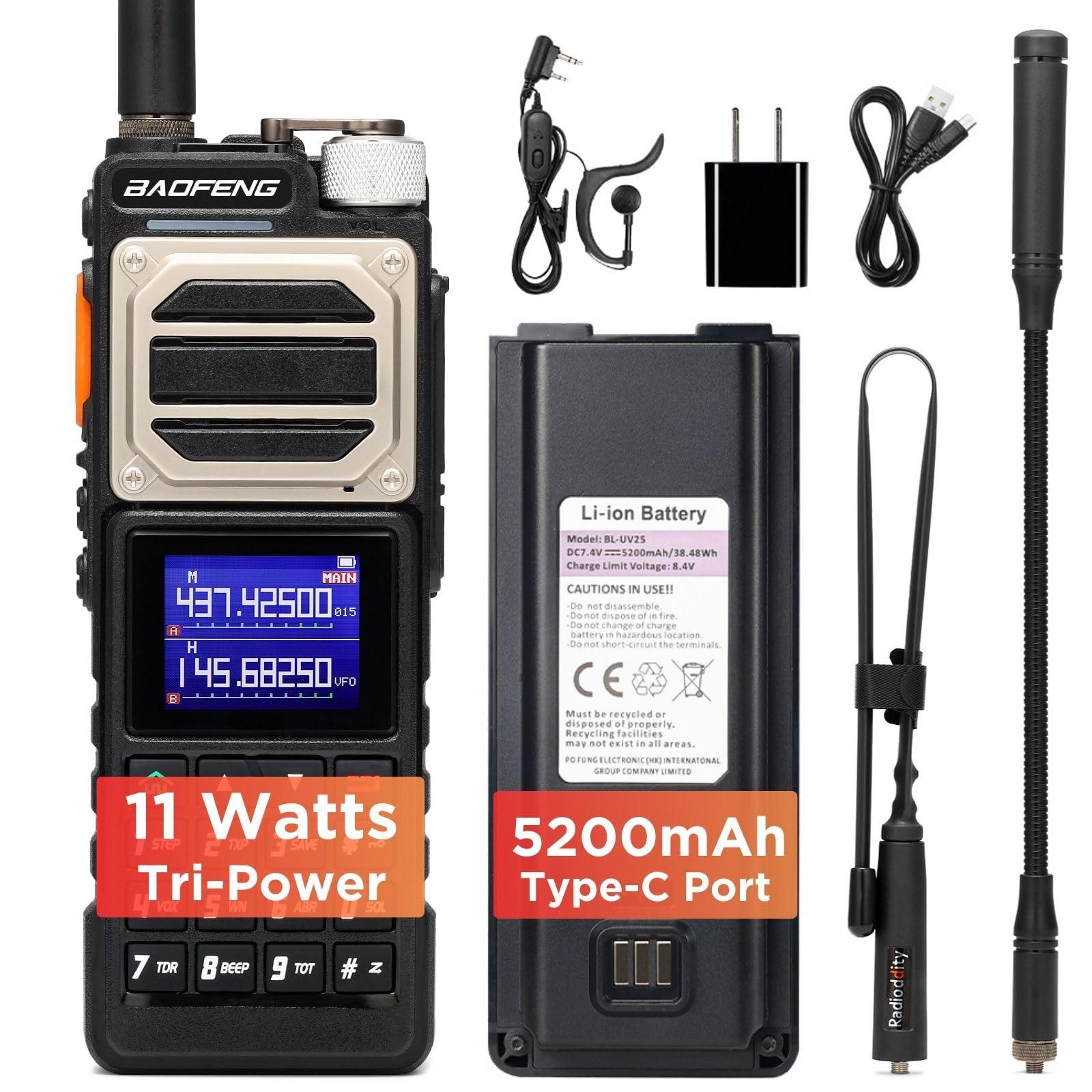 BAOFENG UV-25 11W Tri-Power Handheld Ham Radio, UHF VHF MW FM Air NOAA ...