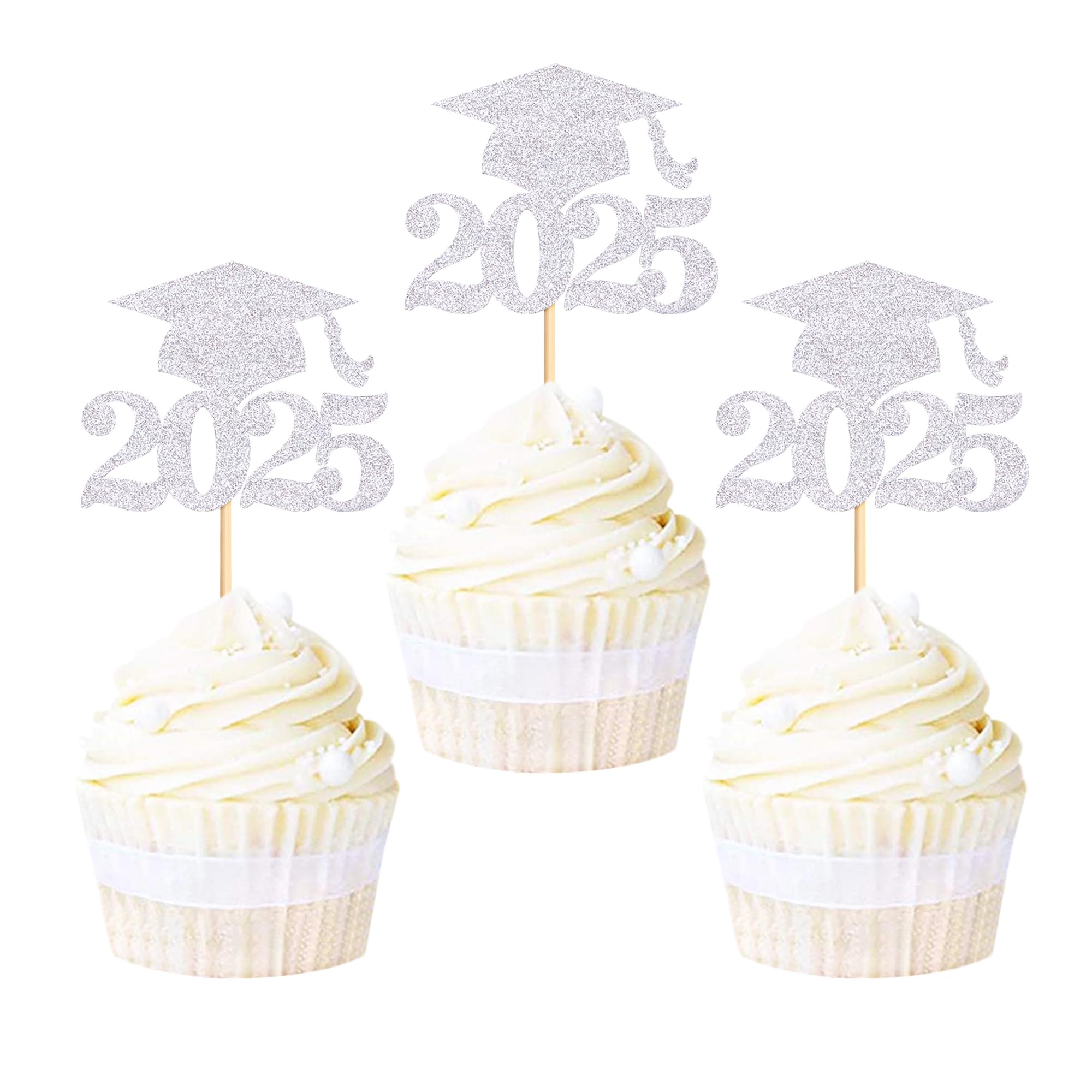 Ercadio 36 Pack 2025 Graduation Cap Cupcake Toppers 2025 Silver Glitter ...