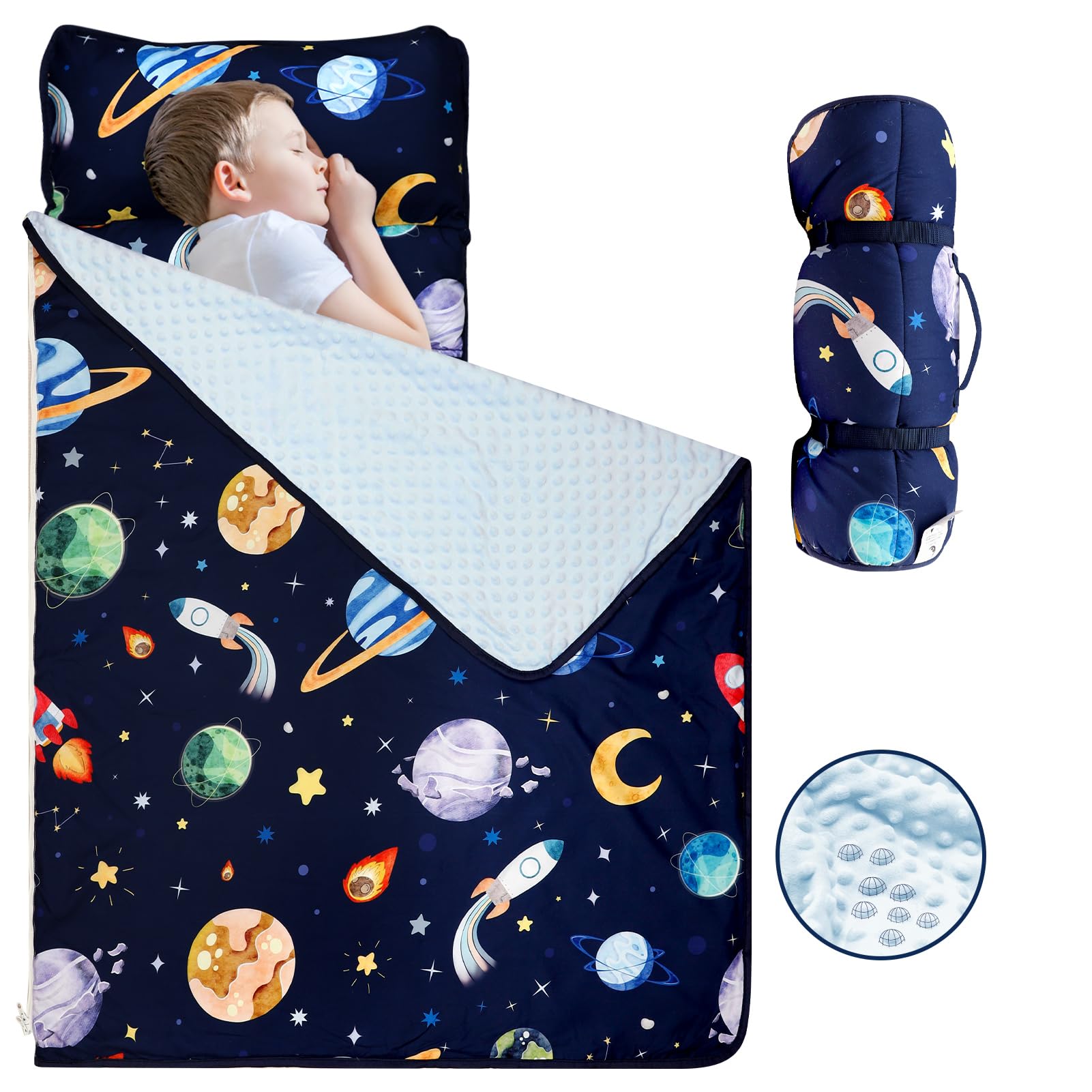Toddler Nap Mat with Removable Pillow & Soft Dot Minky Blanket, Pea Pod ...