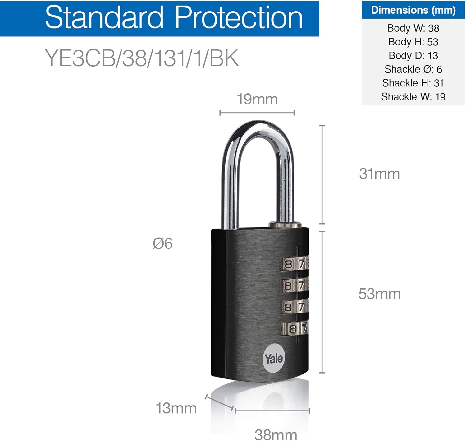 Yale YE3CB/38/131/1/BK – Black Aluminium Combination Padlock (38 mm ...