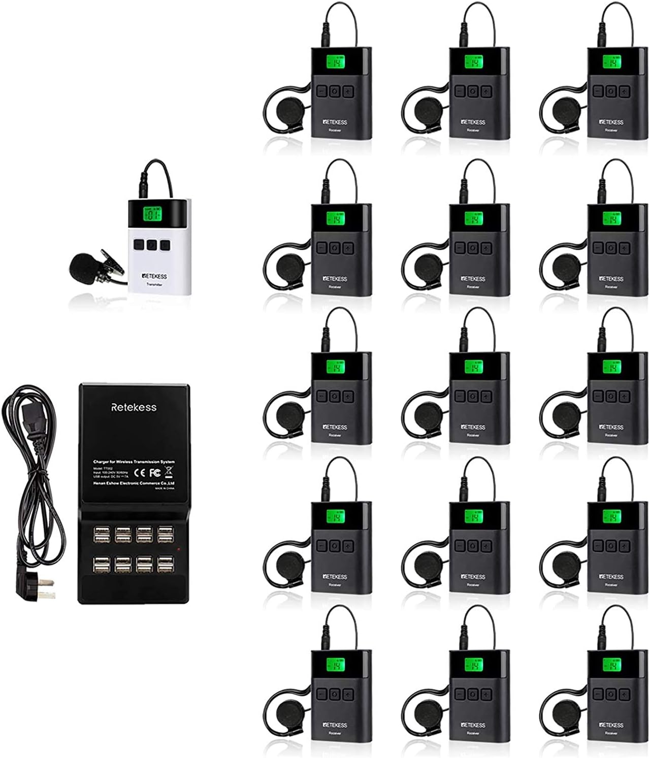 Retekess TT122 Wireless Tour Guide System, 1 Transmitter and 15 Receivers,36Channel,150m 1500mAH ...