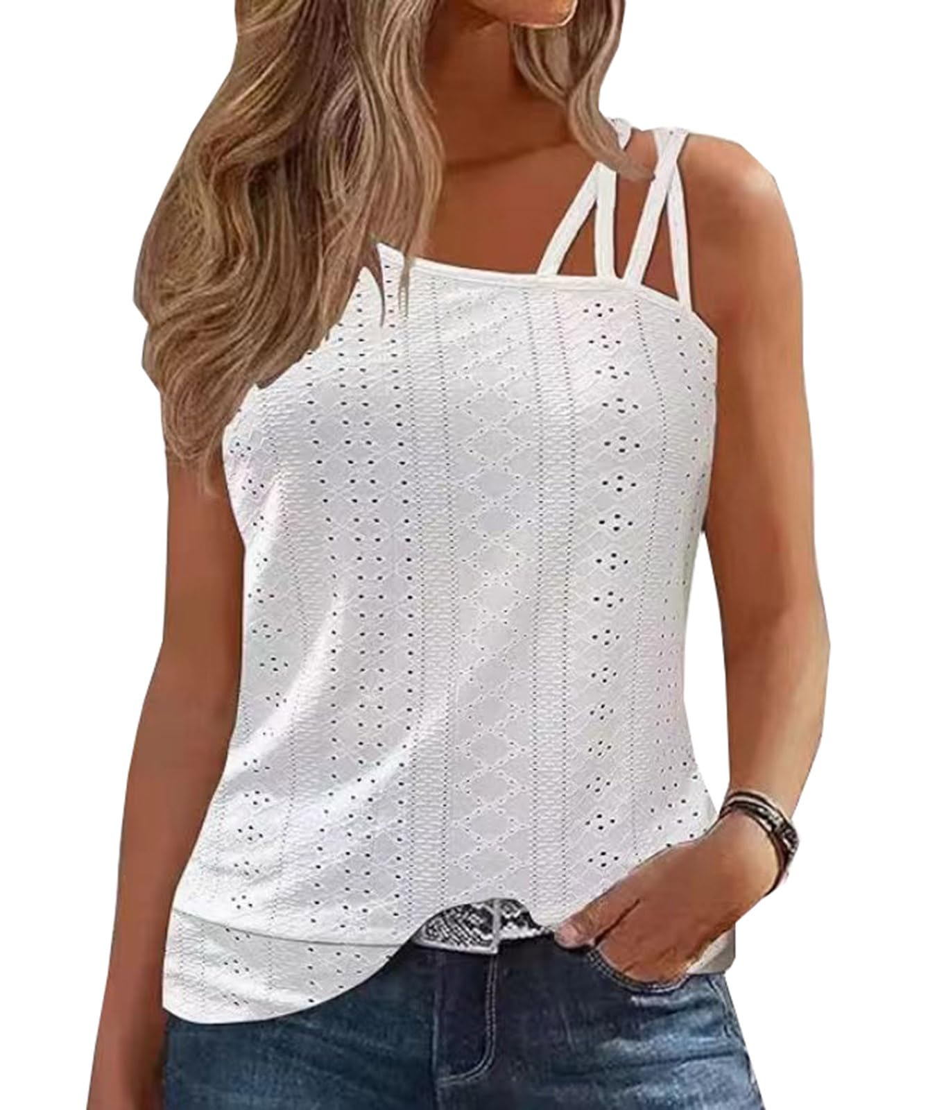 ZIFOTA Womens Eyelet Embroidery Sleeveless Tank Tops Spaghetti Strap Scoop Neck Loose Casual ...