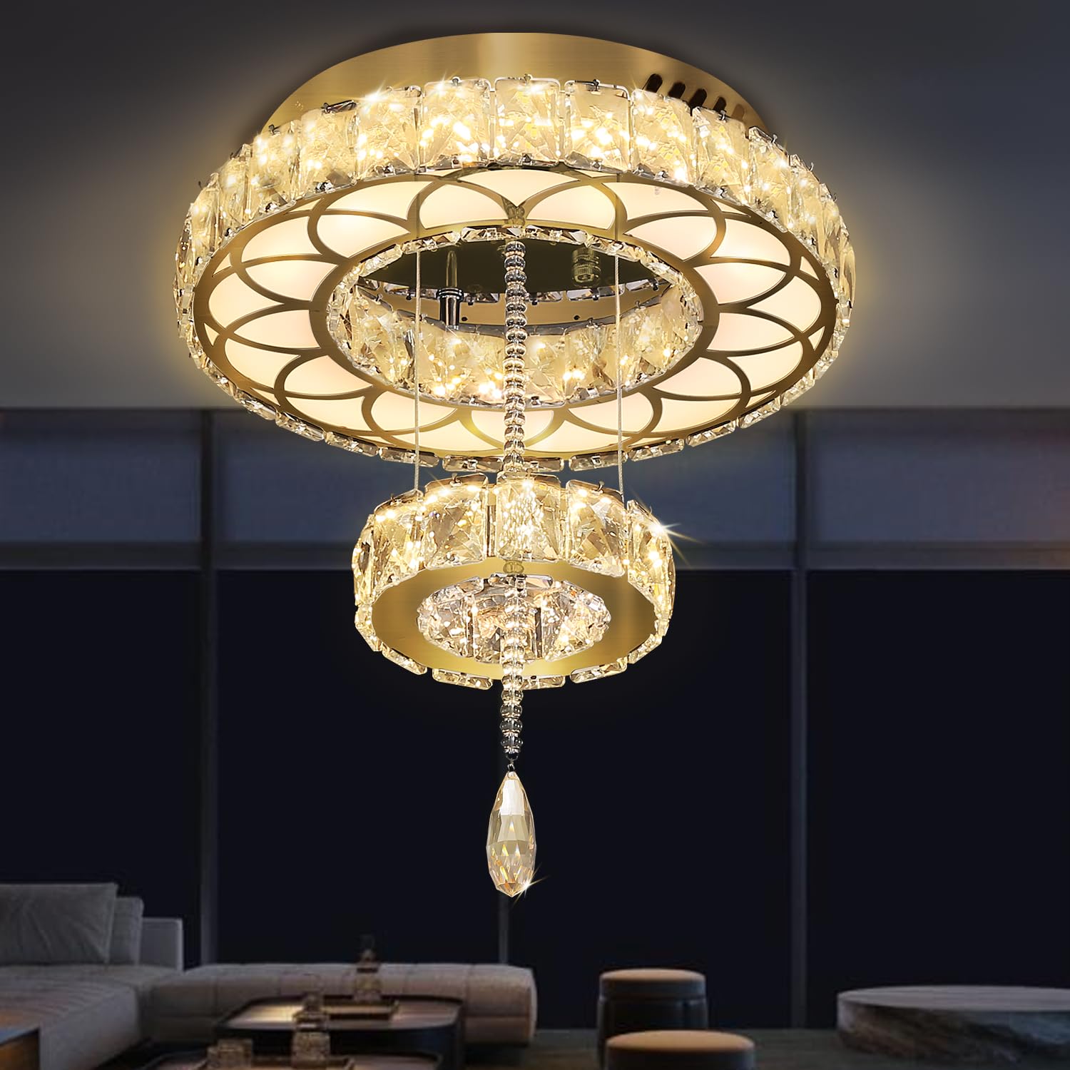 Flashing God Dia 12" Crystal Mini Chandelier Crystal Gold Ceiling Light ...