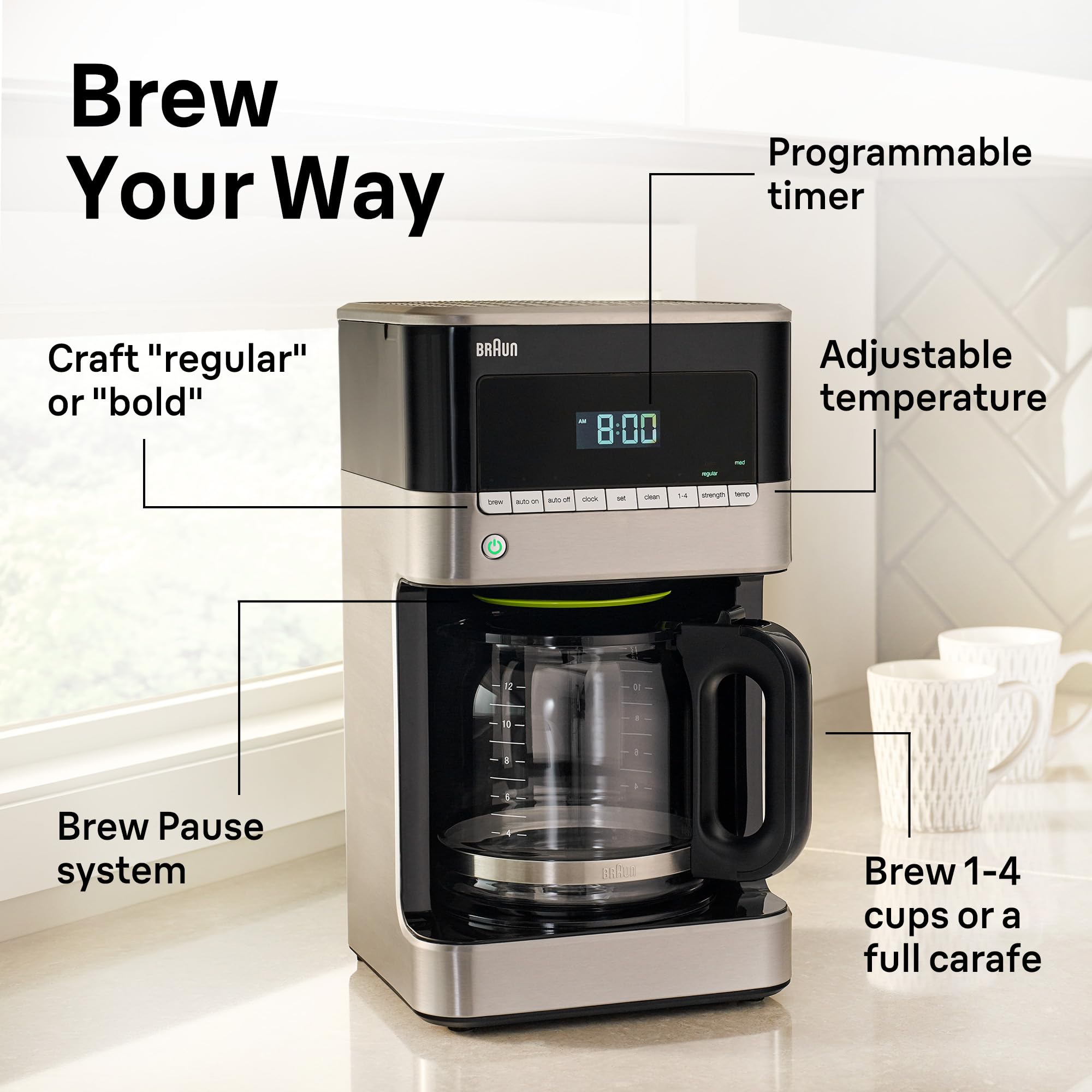 Mua Braun BrewSense 12 Cup Drip Coffee Maker - Pause & Pour Mid Brew, Coffee Machine with 24 ...