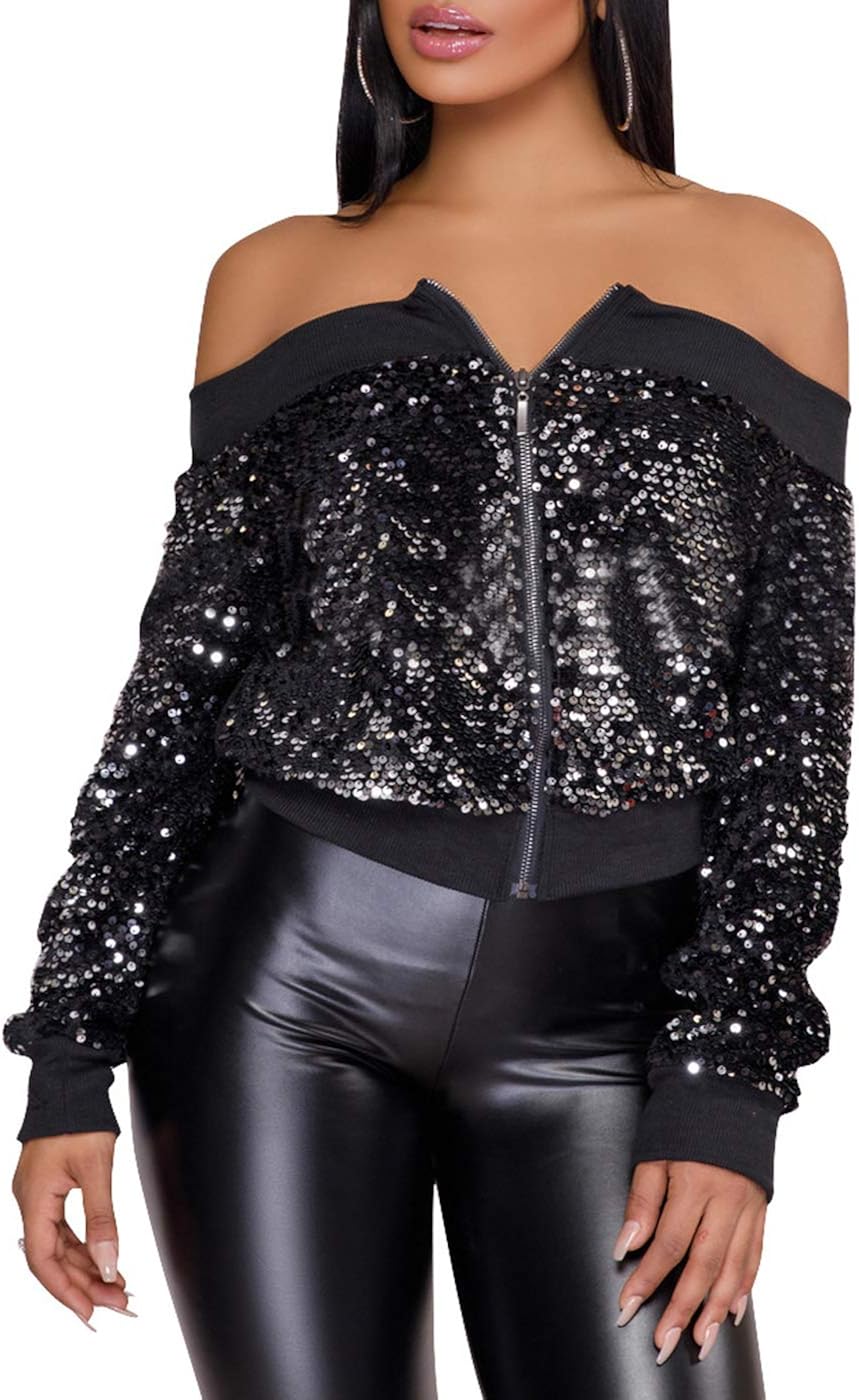 Amazon.com: Just For Future Women Clubwear Sexy Off Shoulder Zip Up ...
