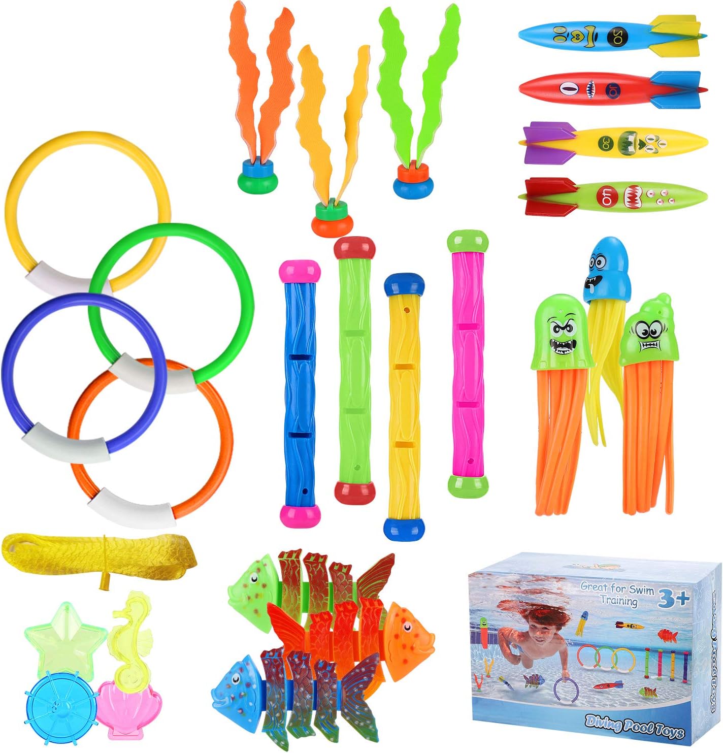 Auney 26 Pcs Diving Toy Set Underwater Swimming Diving Rings, Diving ...