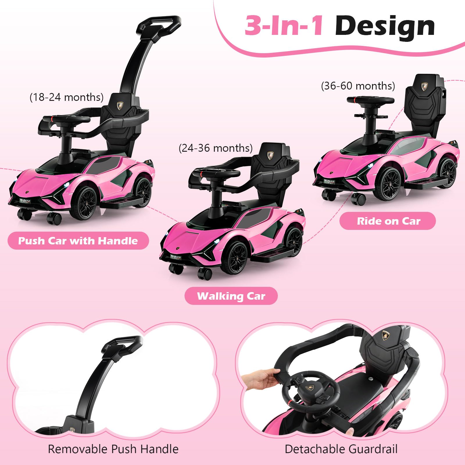 HONEY JOY Ride On Push Car, 3-in-1 Licensed Lamborghini Kids Toy Push ...