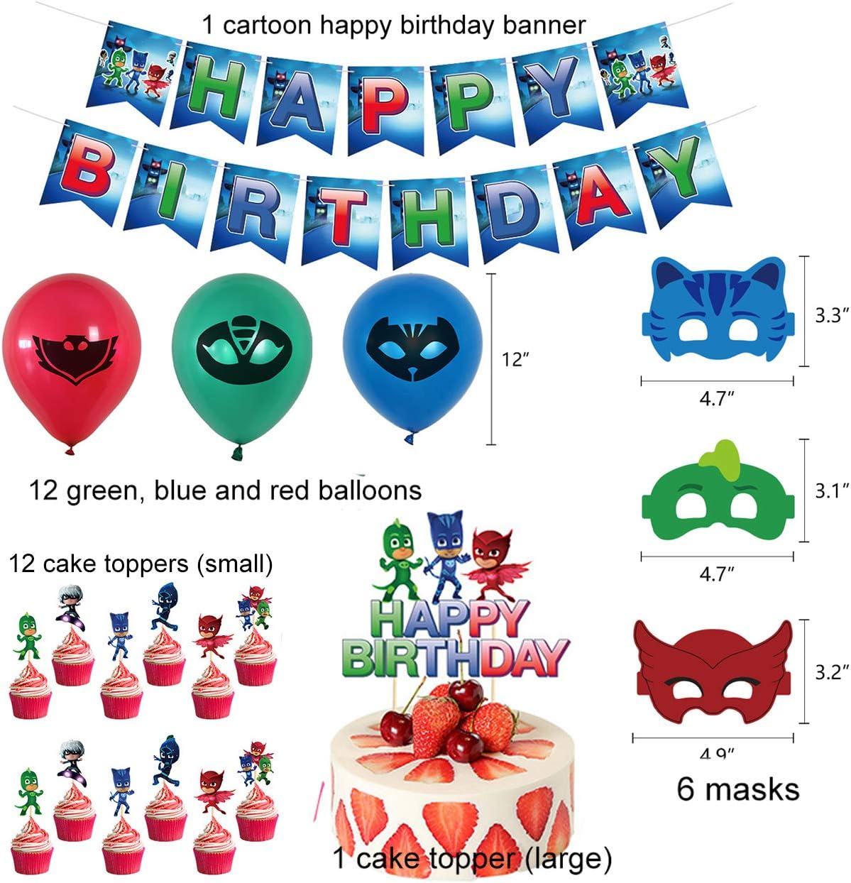 Masked Pajamas Theme Party Supplies 38pcs – Including Happy Birthday ...