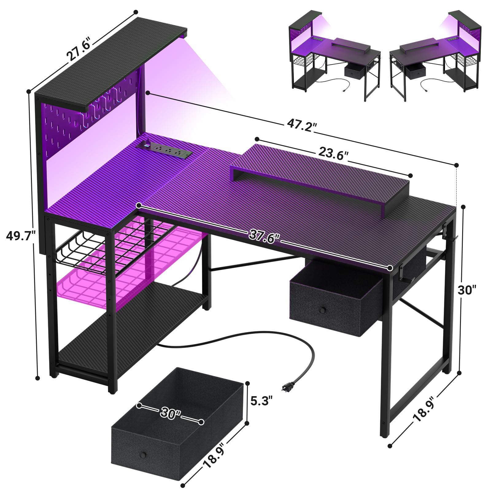 Mua Homieasy L Shaped Gaming Desk with Pegboard & Drawer, LED Gaming ...