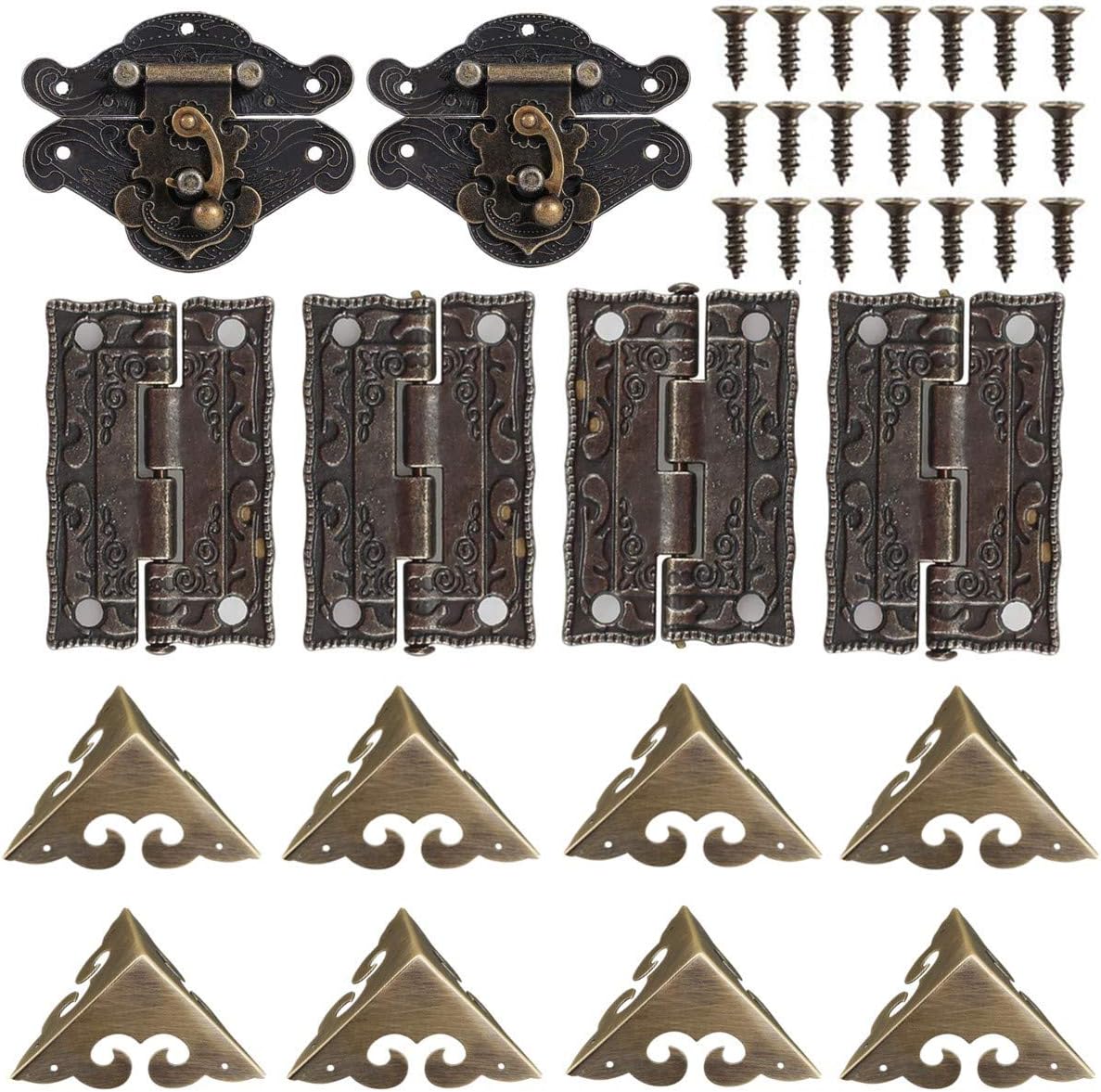 2 Sets Wood Case Chest Box Hasp Latch Lock Retro Decorative Hinges and ...