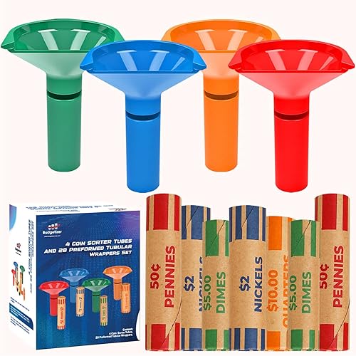 Coin Sorter Tubes and 28 Preformed Tubular Wrappers Set –4 Color Coded ...