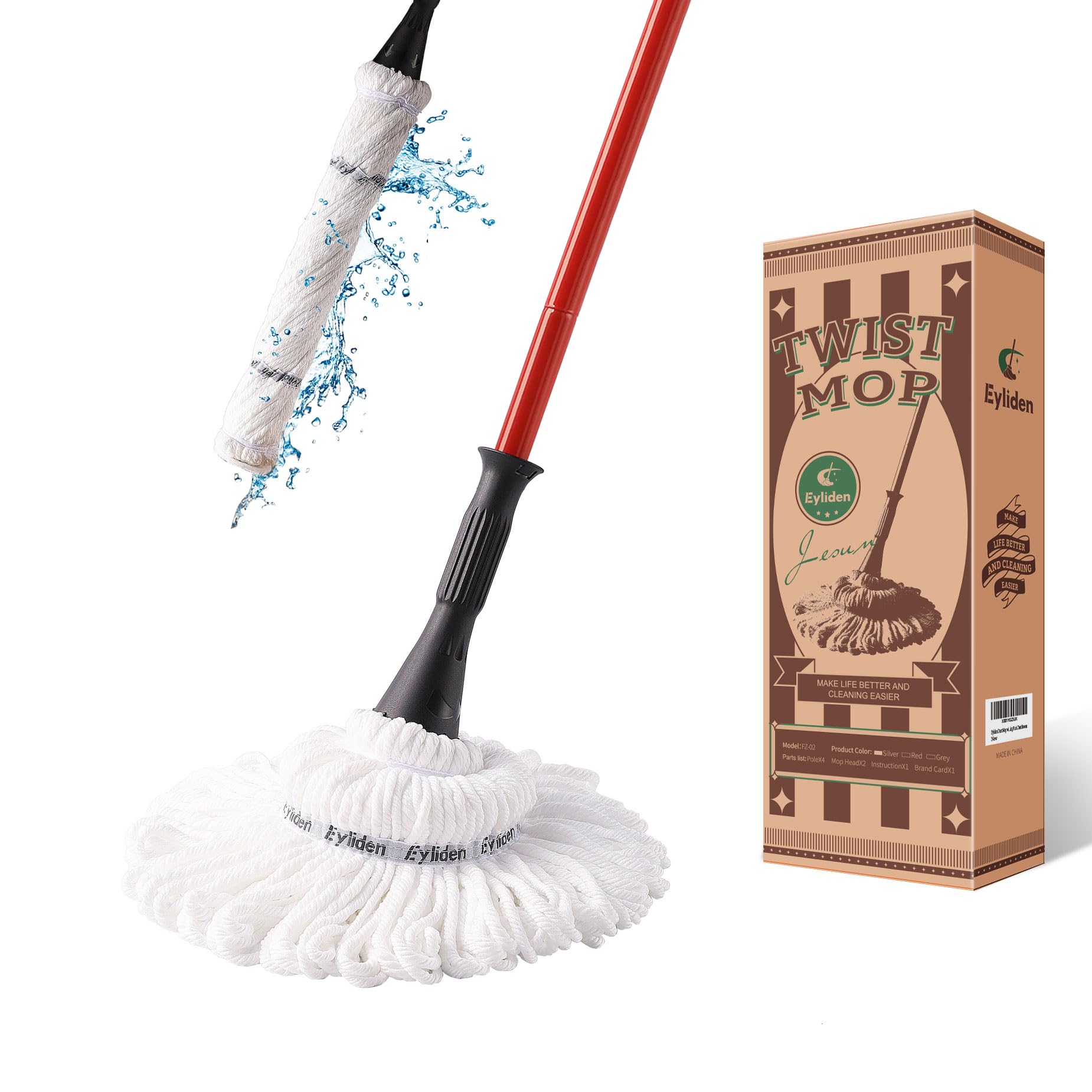 Eyliden Mop with 2 Reusable Heads, Easy Wringing Twist Mop, with 57.5 ...