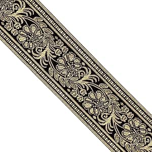 Amazon.com : JL 488 Jacquard Metallic Gold Floral Leaves Black Ribbon ...