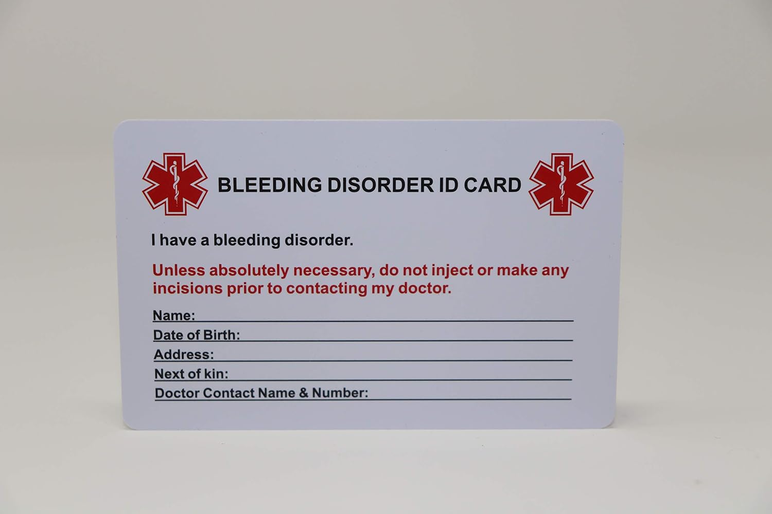 Bleeding Disorder Medical ID Identification Card Haemophilia VWD Blood ...