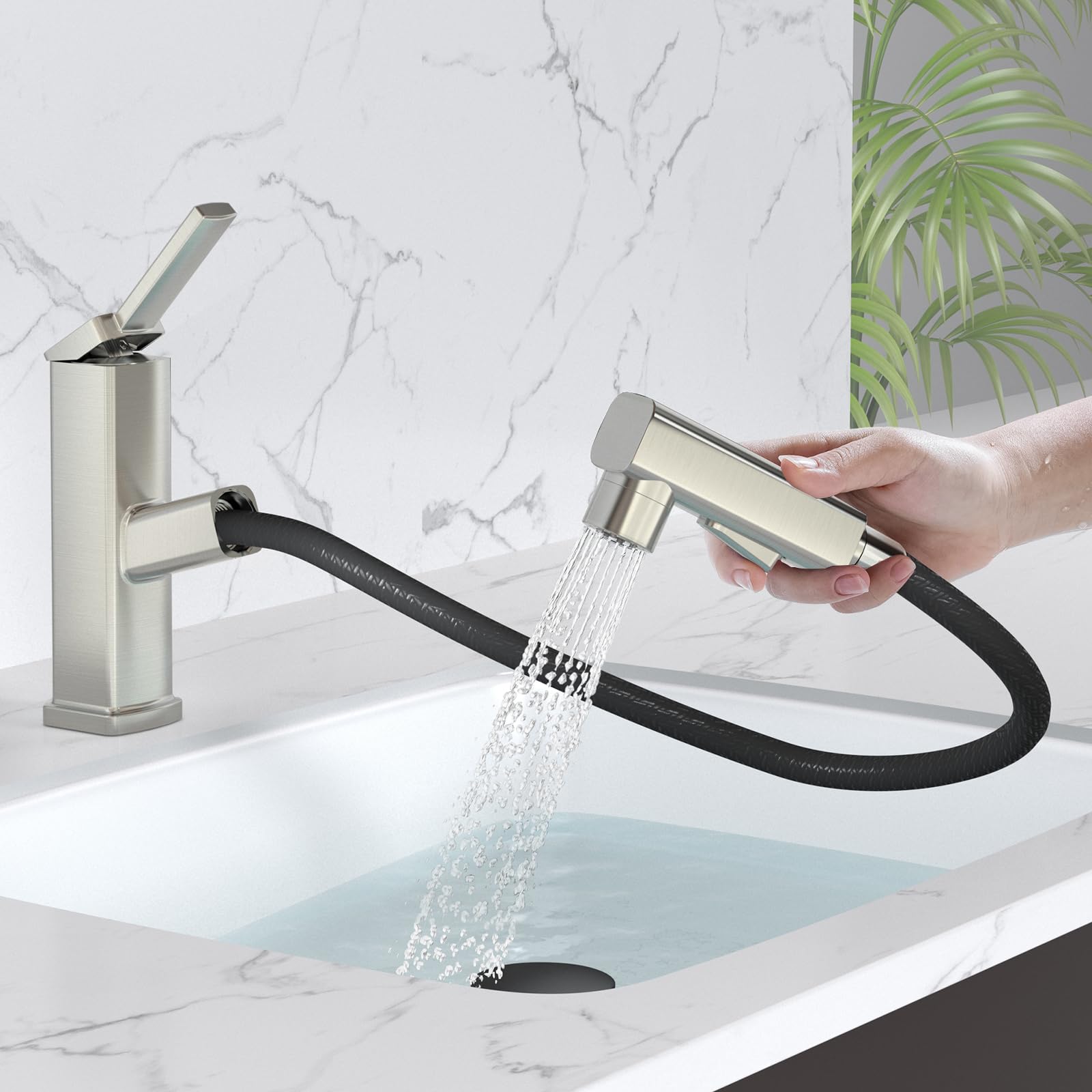 MIAOHUI Pull Out Single Hole Bathroom Faucet, 3 Spray Mode Single ...