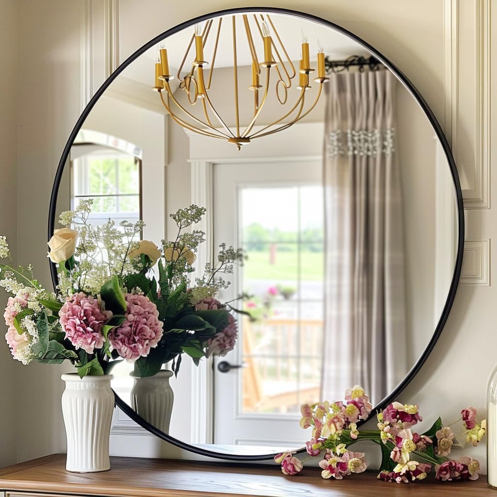 Kingvey Round Wall Mirror, 20 inch Black Circle Mirror, Black Metal ...