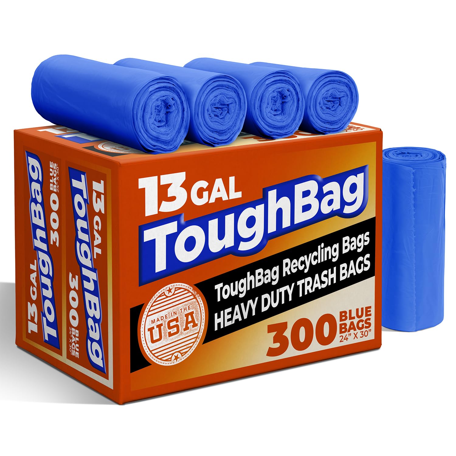 ToughBag 13 Gallon Recycling Bags, Blue Trash Bags (300 COUNT) - Blue ...