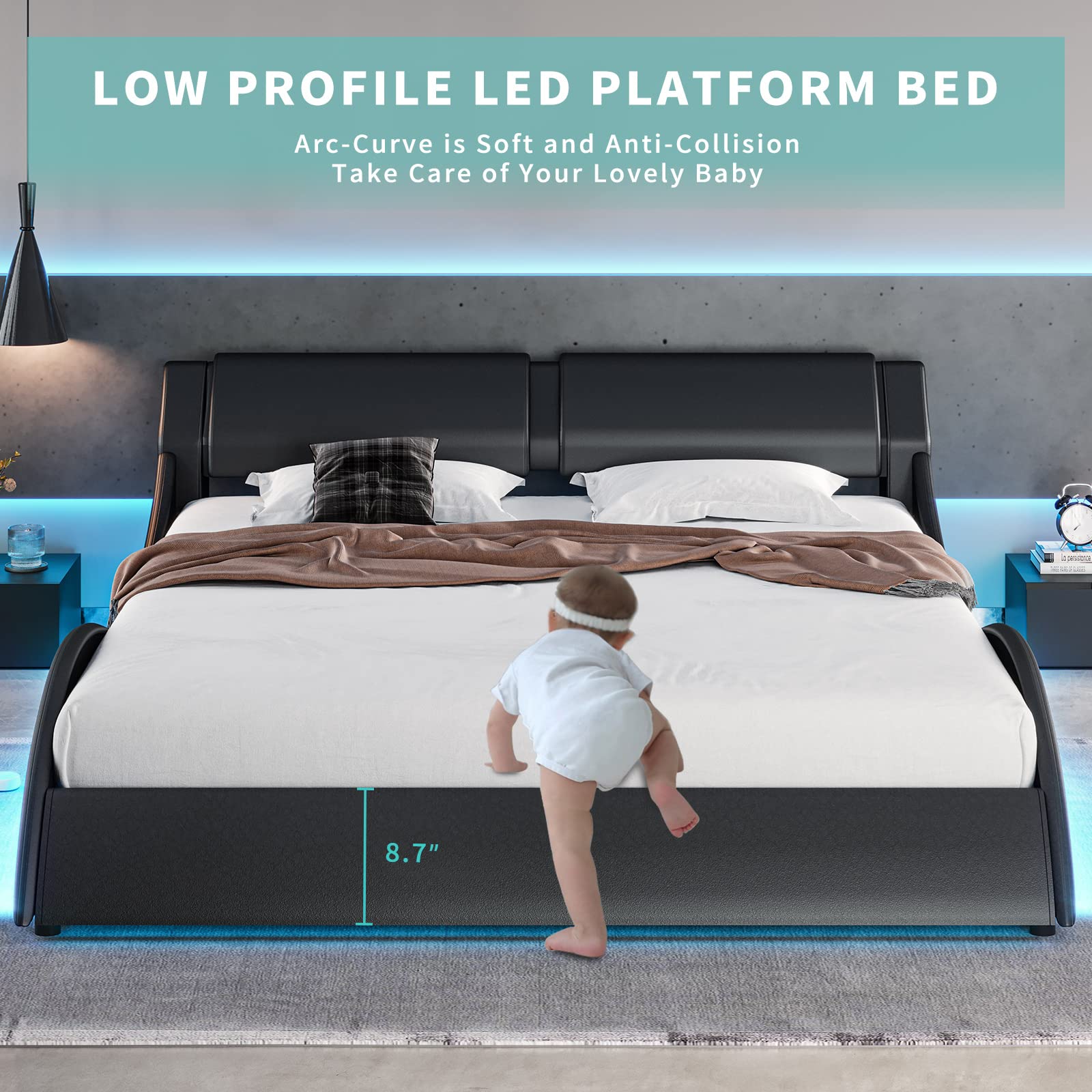 Mua DICTAC Queen Led Bed Frame Modern Faux Leather Upholstered Platform ...