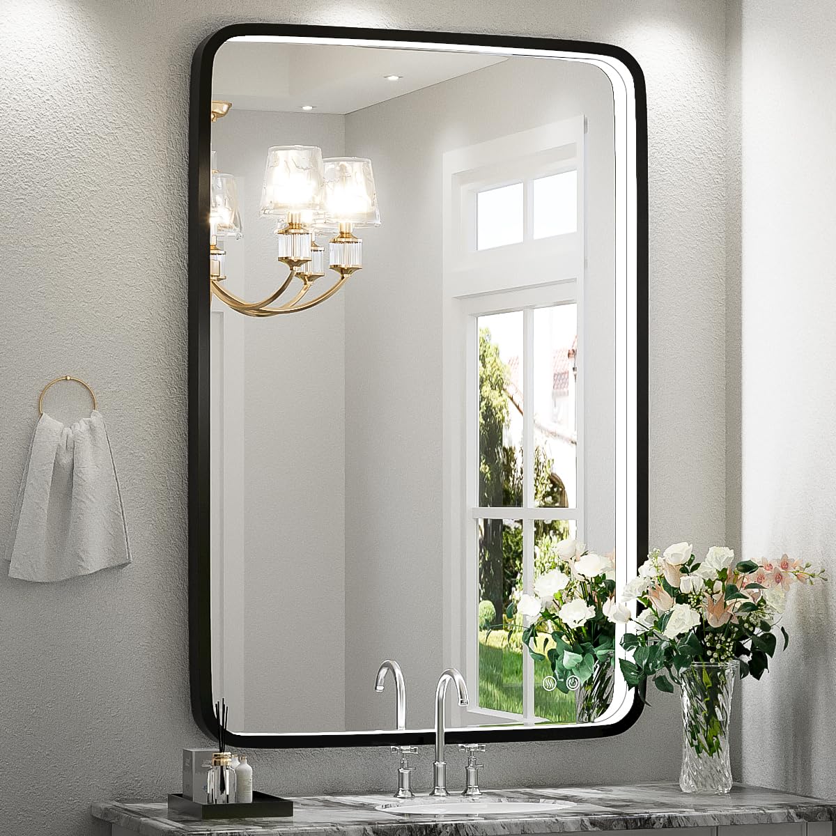 FTOTI 36x24 Inch LED Bathroom Mirror with Lights, Black Metal Frame ...