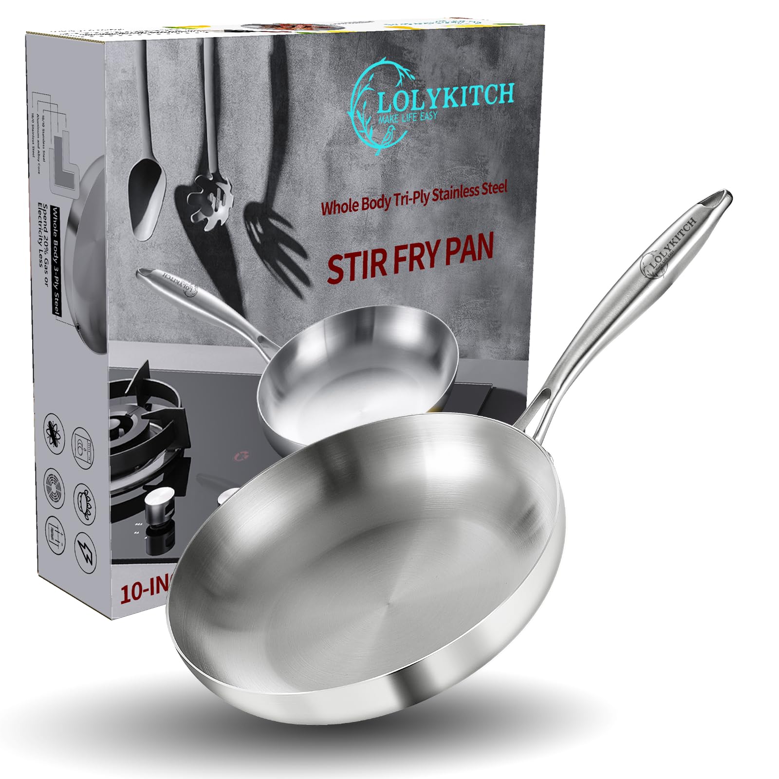 LOLYKITCH 10 Inch Tri-Ply Stainless Steel Frying Pan,Skillet,Chef's Pan ...