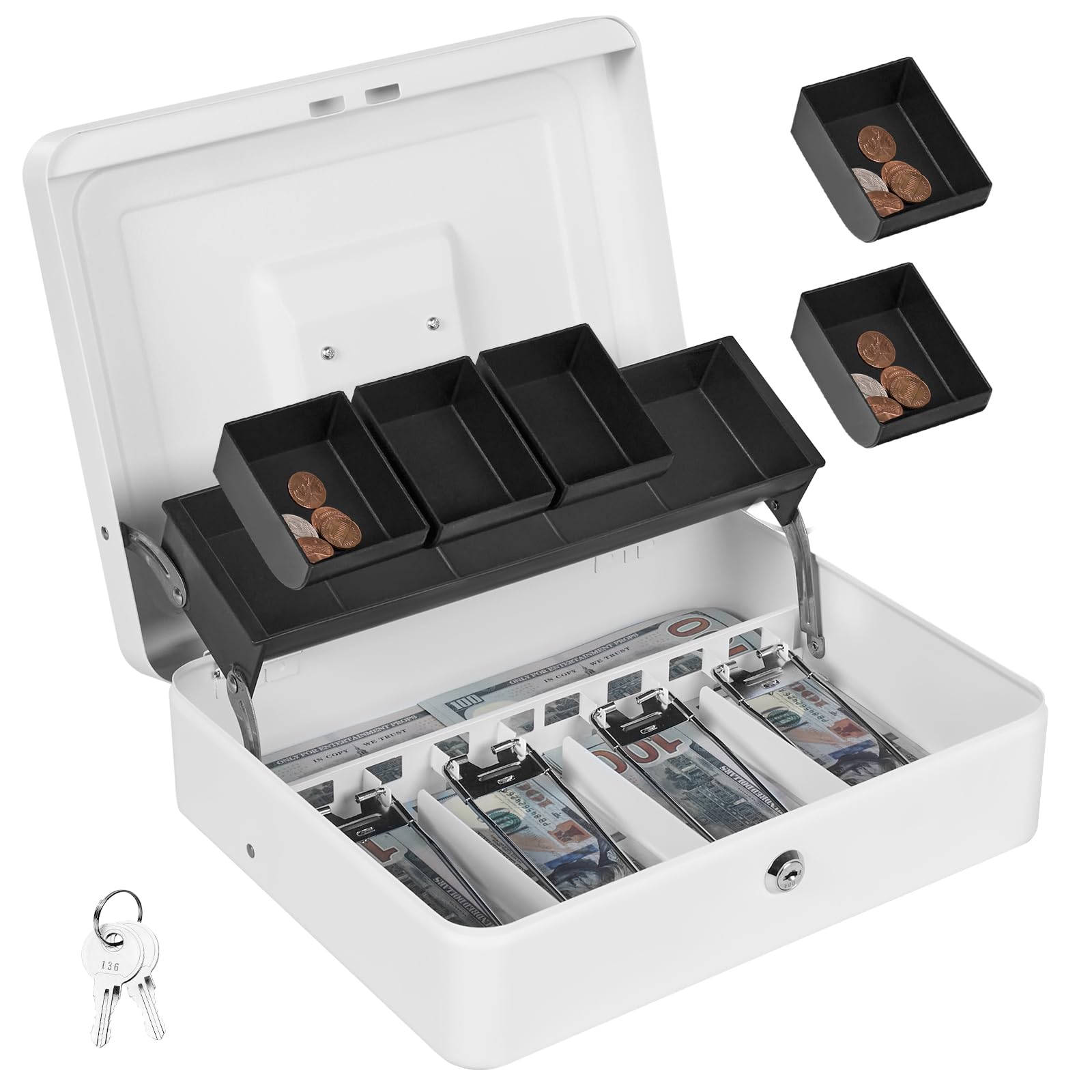 Polspag Cash Box with Lock and 2 Keys, Metal Money Box with Cash Tray ...