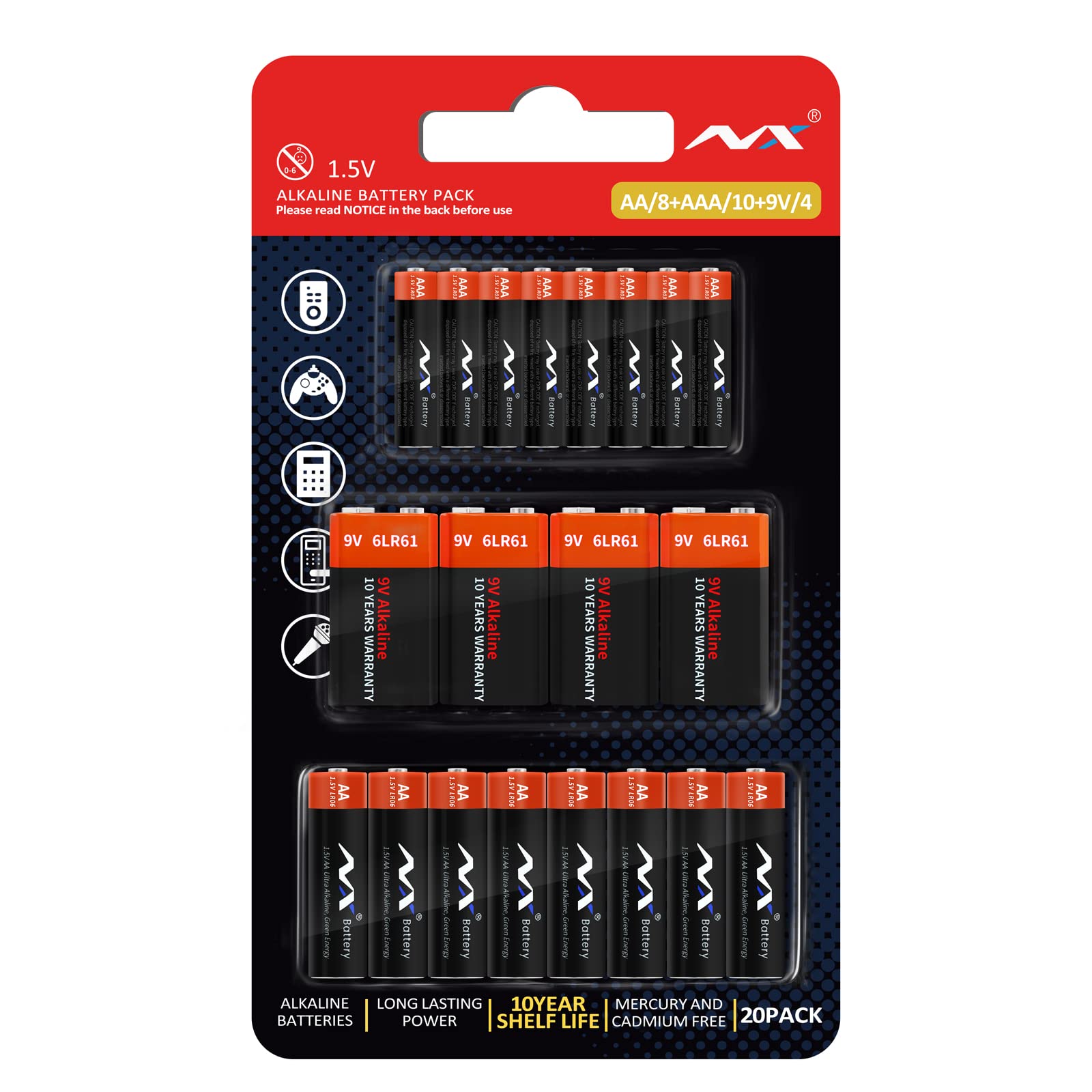 9V / AA/AAA Battery 20 Count Combo Pack Super Alkaline Batteries, Ultra ...
