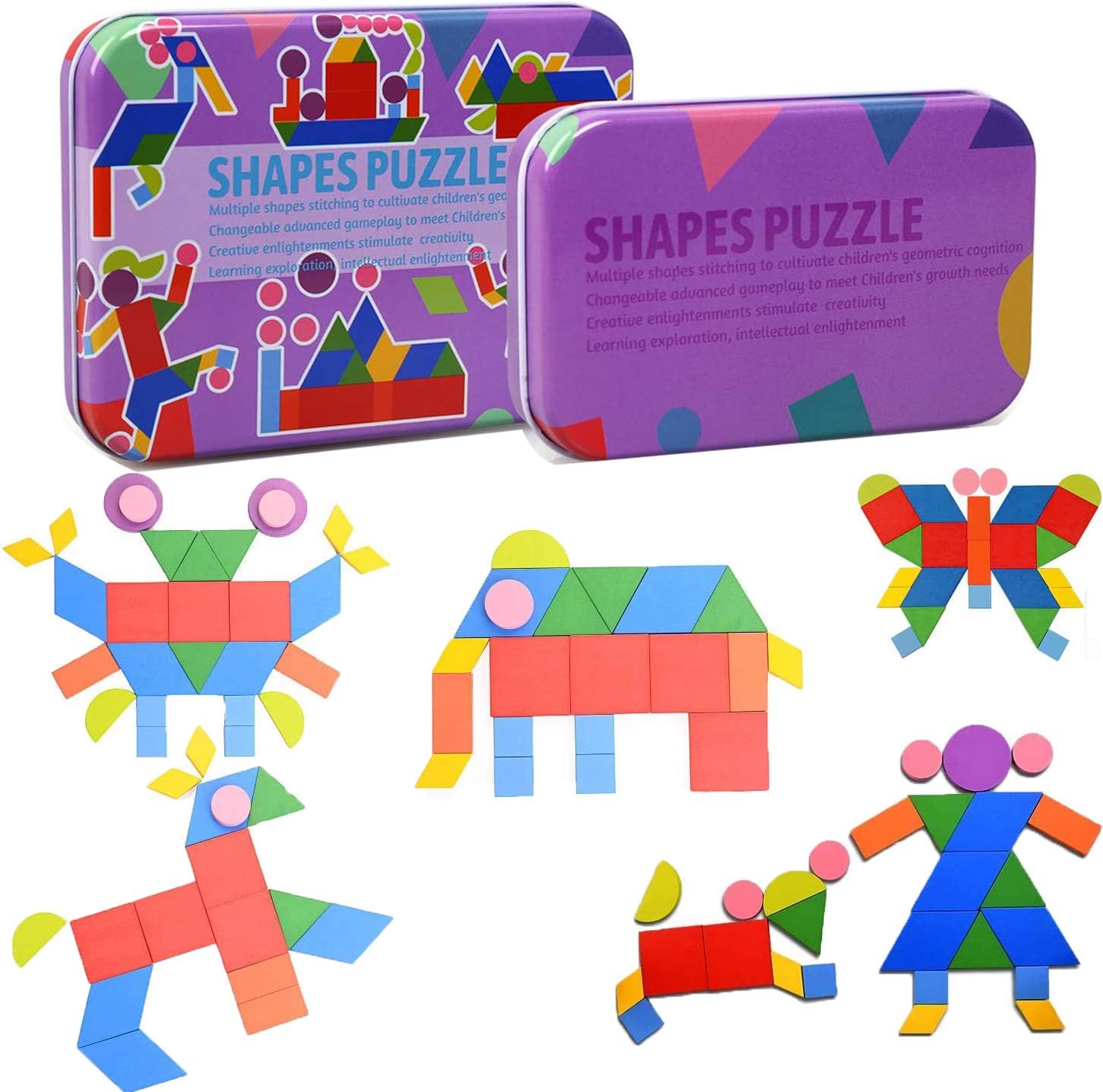 Wooden Animals Pattern Blocks Jigsaw Set 36 Pcs Shape Puzzles + 60 Pcs ...