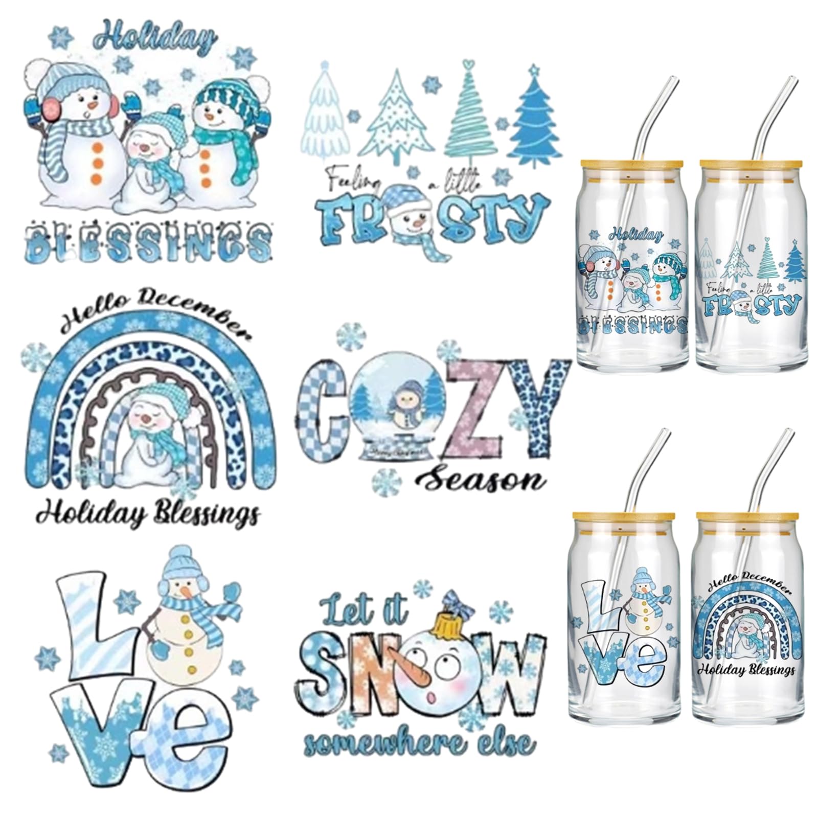 6 Sheets UV DTF Cup Wrap Stickers Winter Theme Cute Snowman Waterproof ...